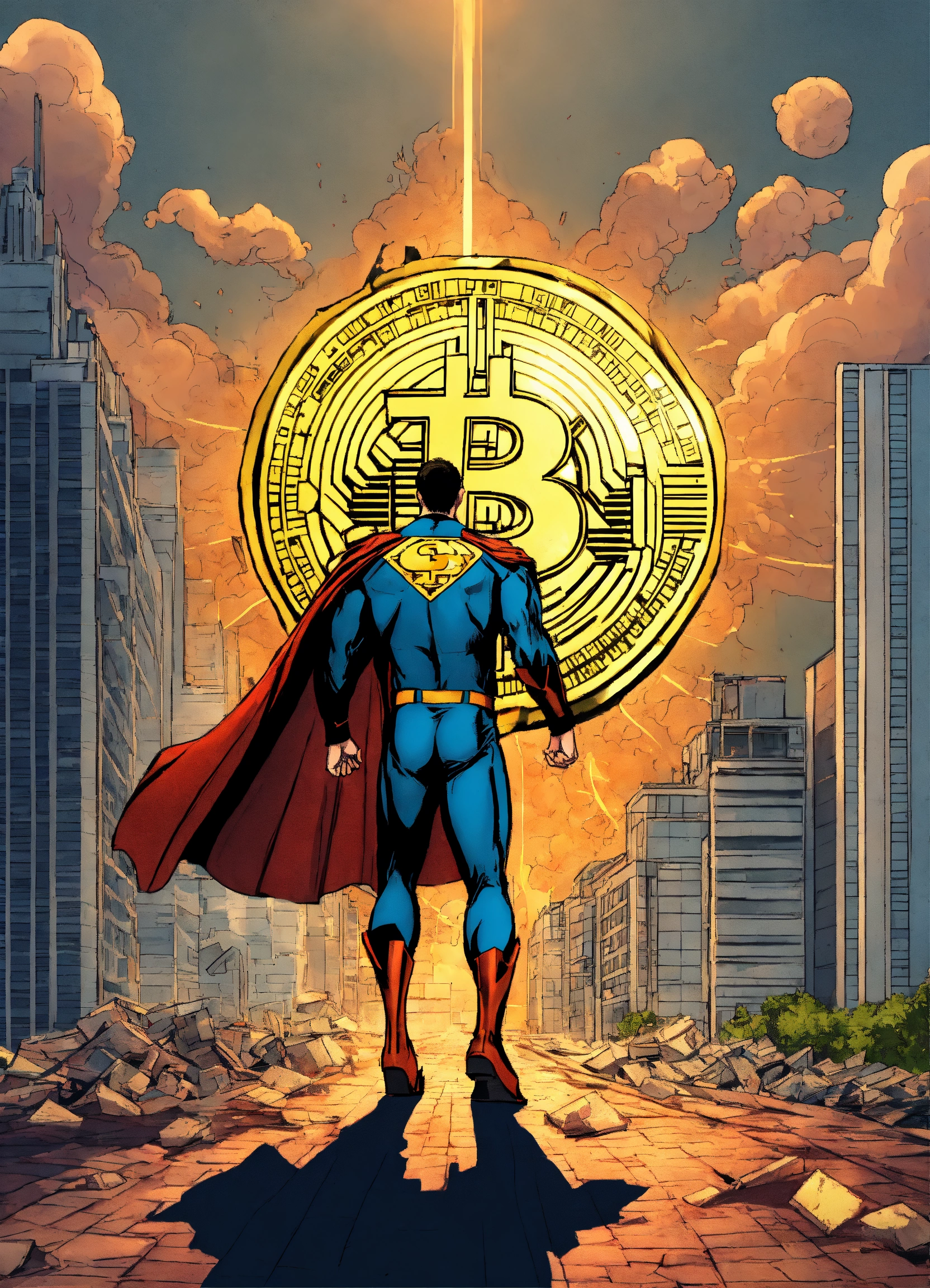 Lexica - Bitcoin in cape like superhero with buildings crashing down
