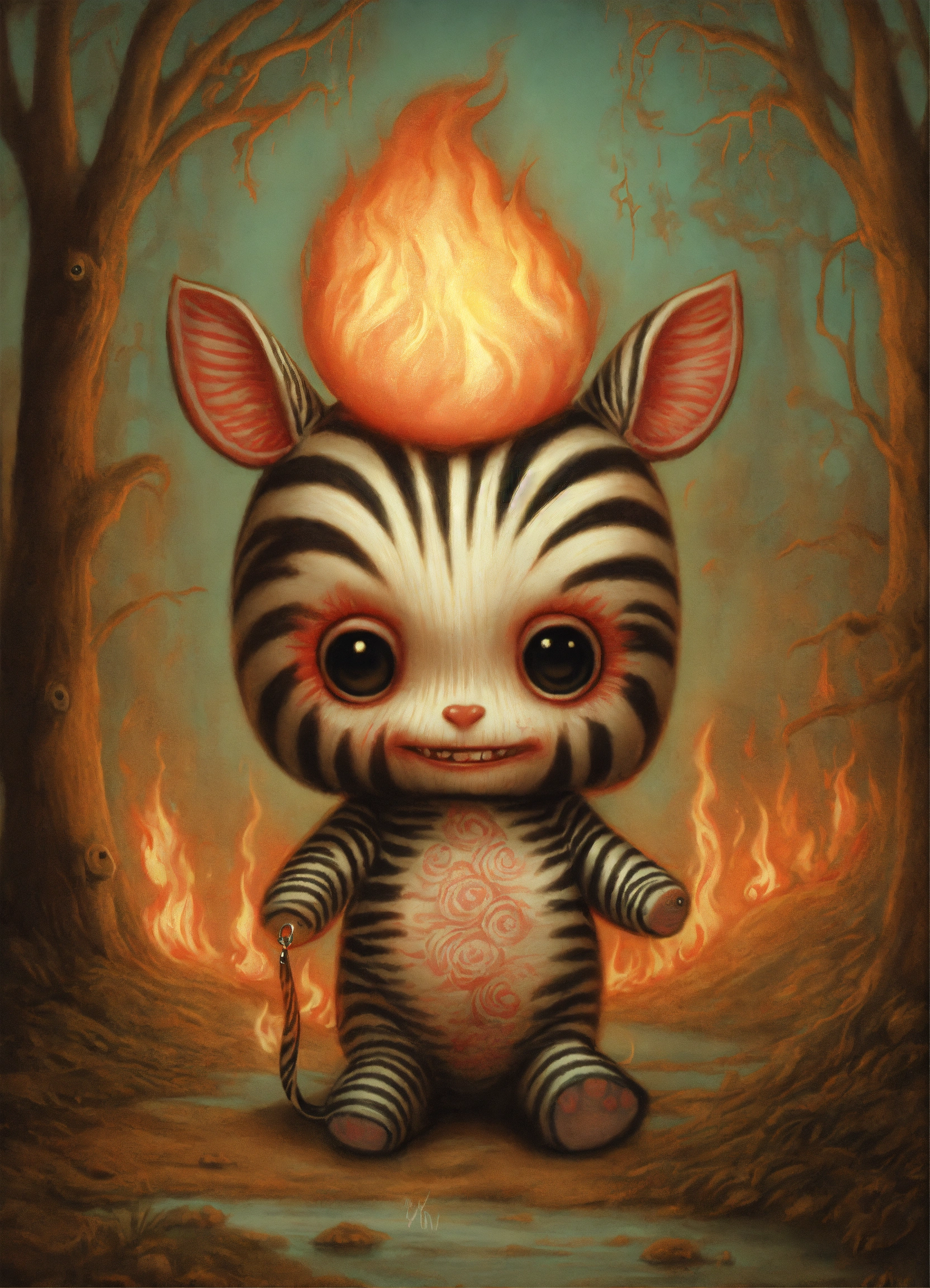 Lexica - An adorable monster in a zebra in flames by mark ryden