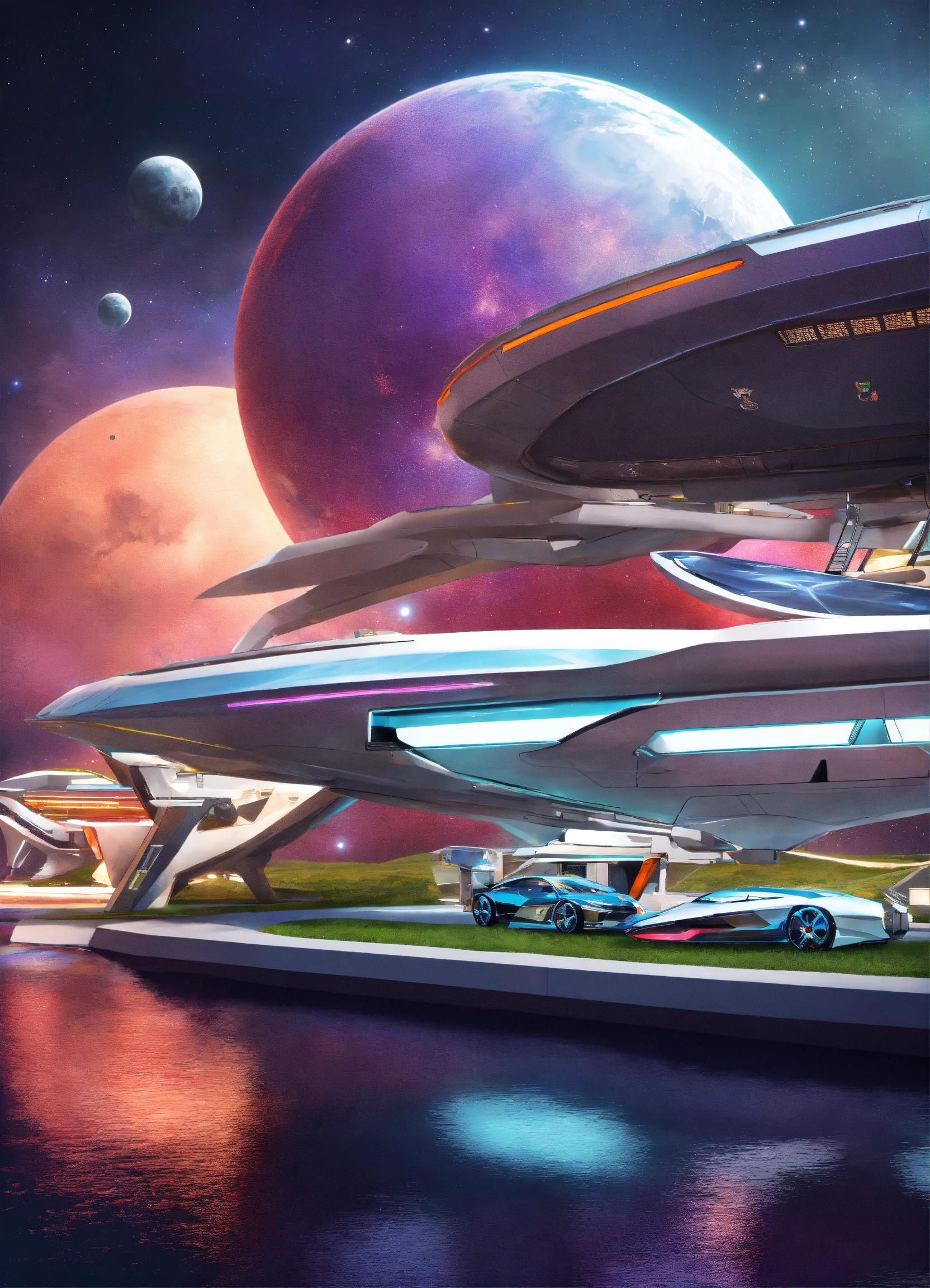Lexica - 5 Colorful Sporty space yachts docked at a space yacht ...