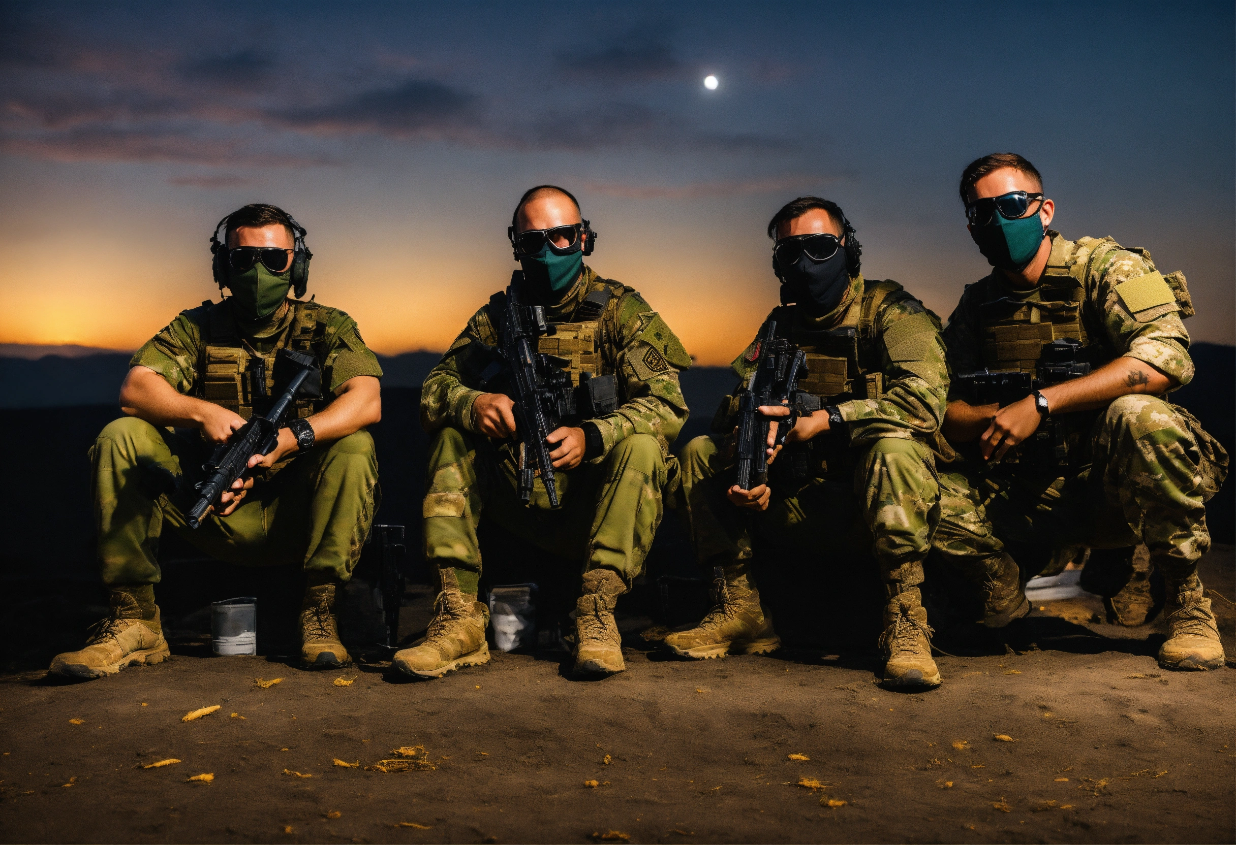 Lexica - 3 comando guys, wearing masks, siting,