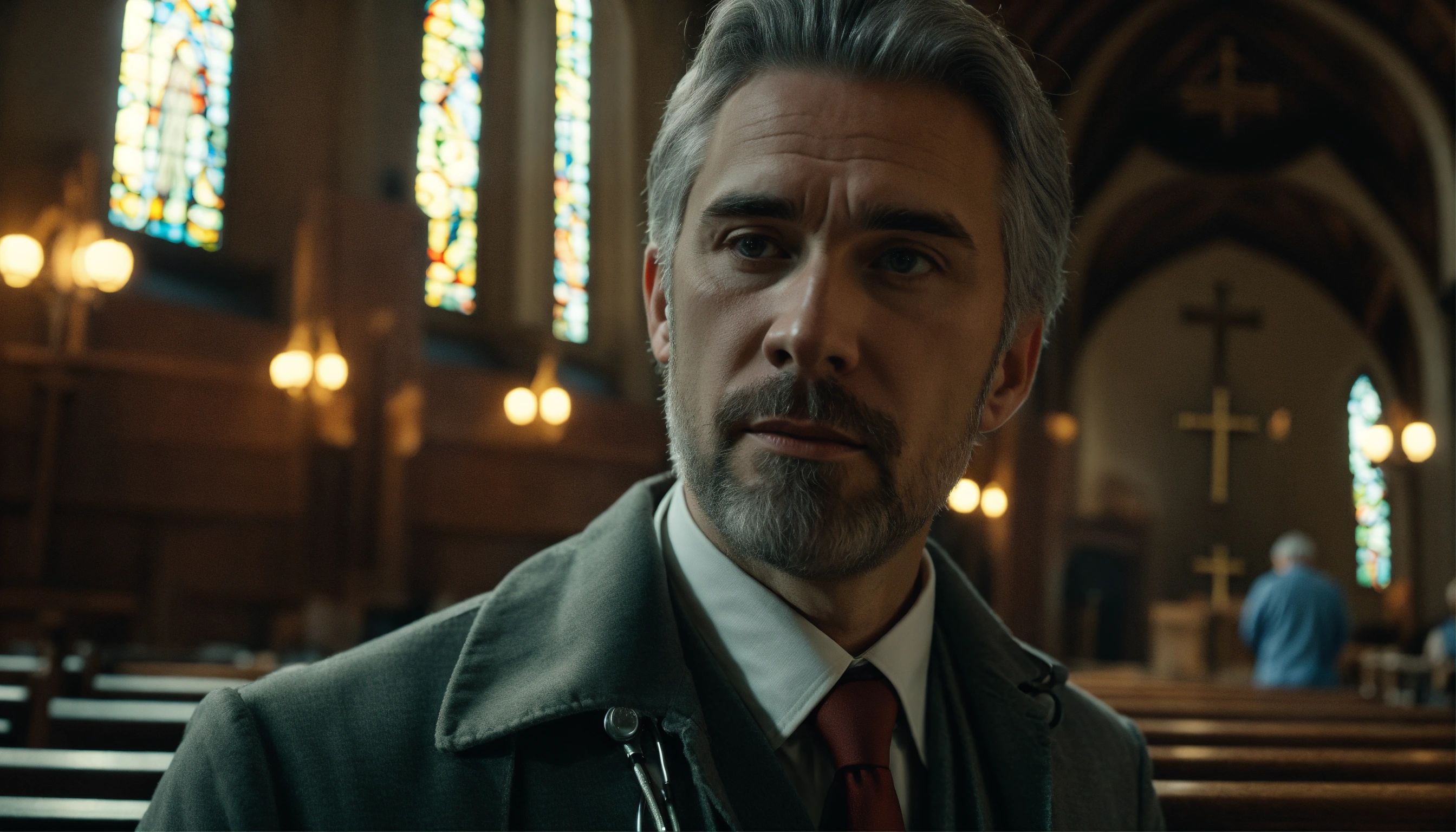 Lexica - Stefan is a Swiss doctor with gray hair, dressed in a jacket and tie, and is in church ...