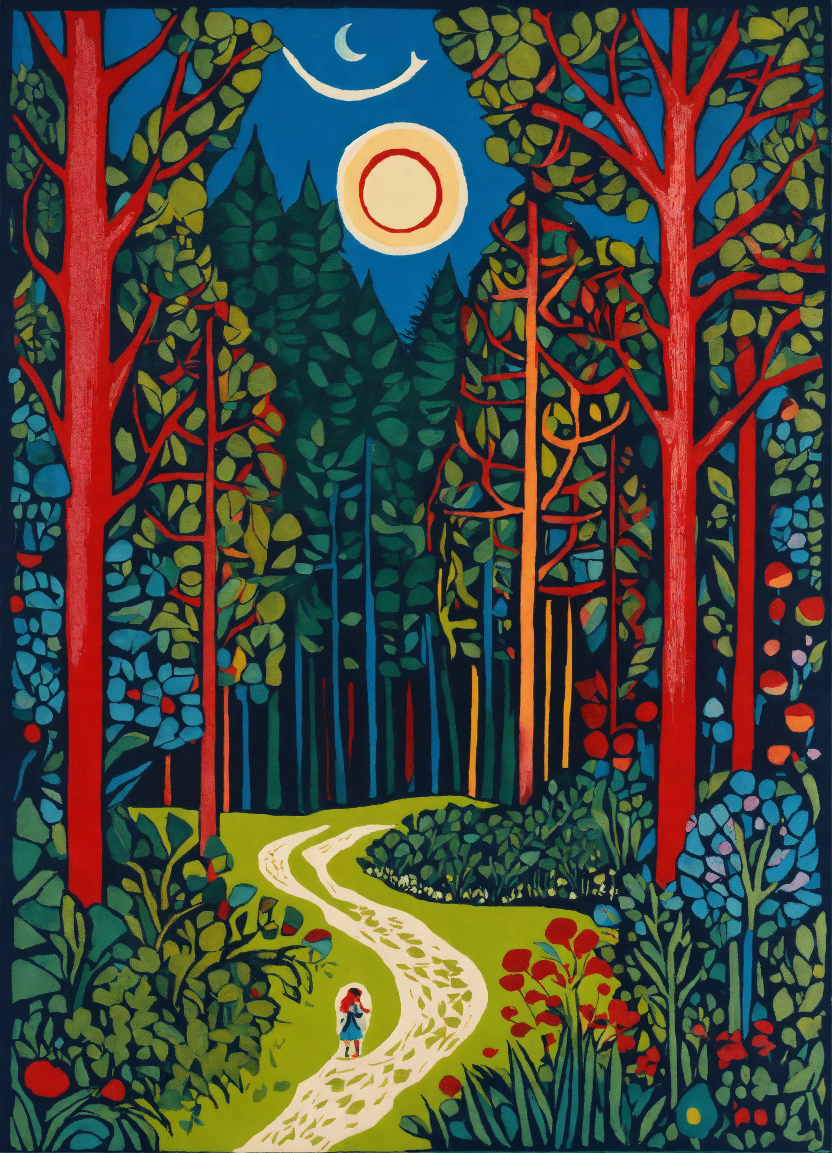 Lexica - Linocut, forest, folk art style inspired by marc chagall