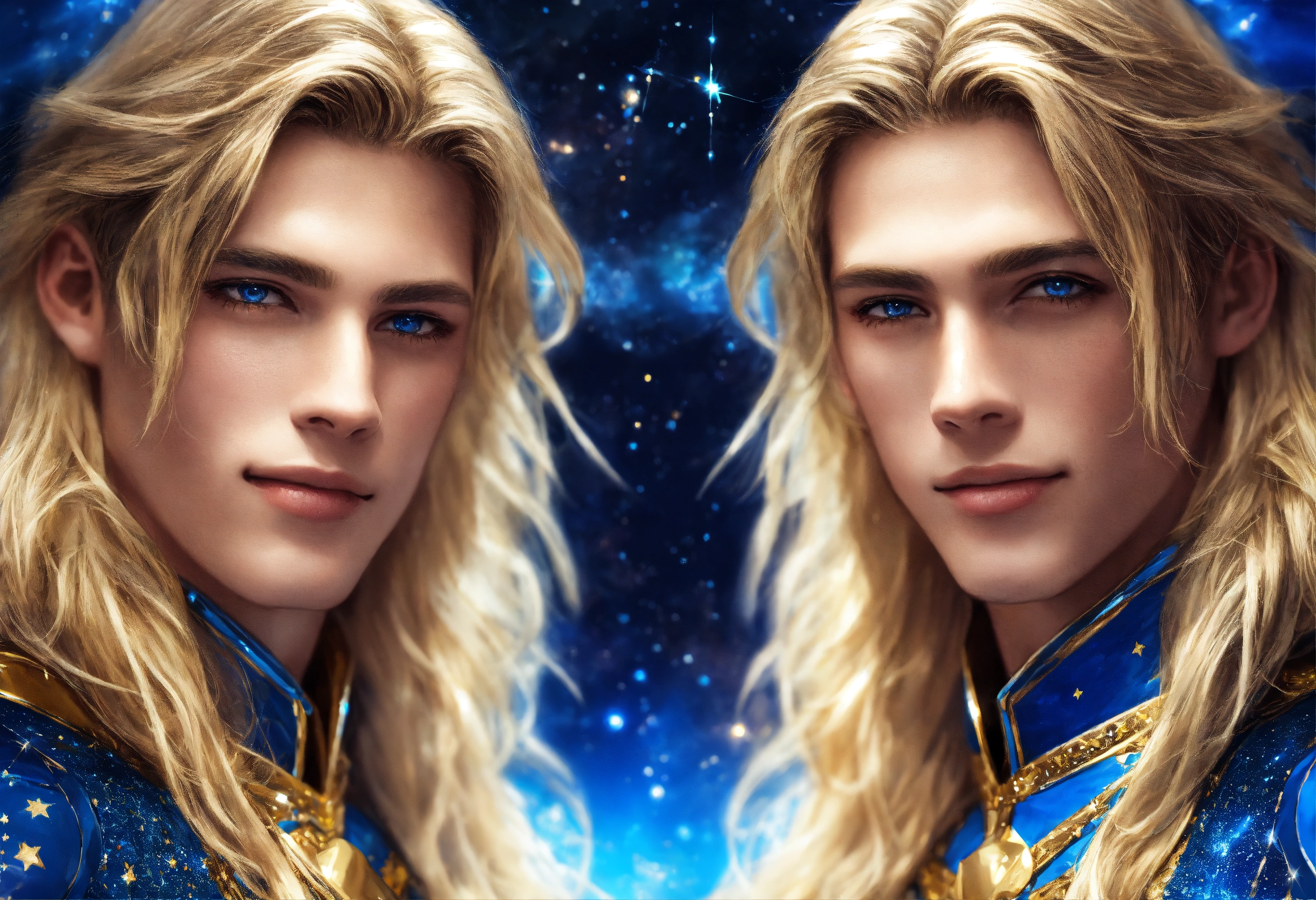 Lexica - Beautiful faces cosmic men long blond hair, smiling, blue and ...