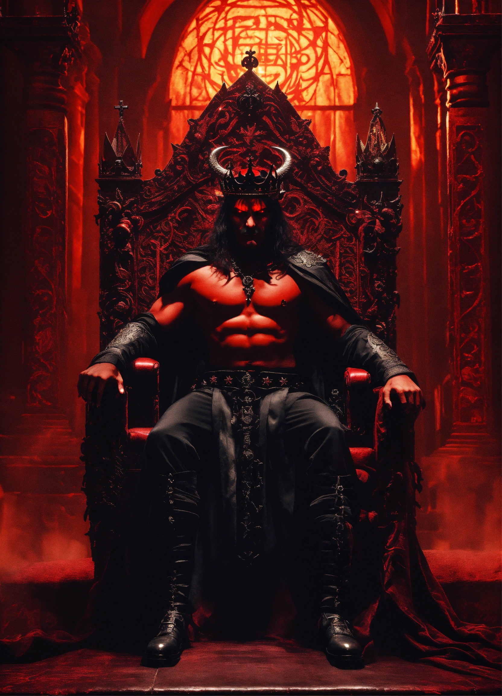 Lexica - Satan with crown on his head, sitting on his throne,red eyes ...