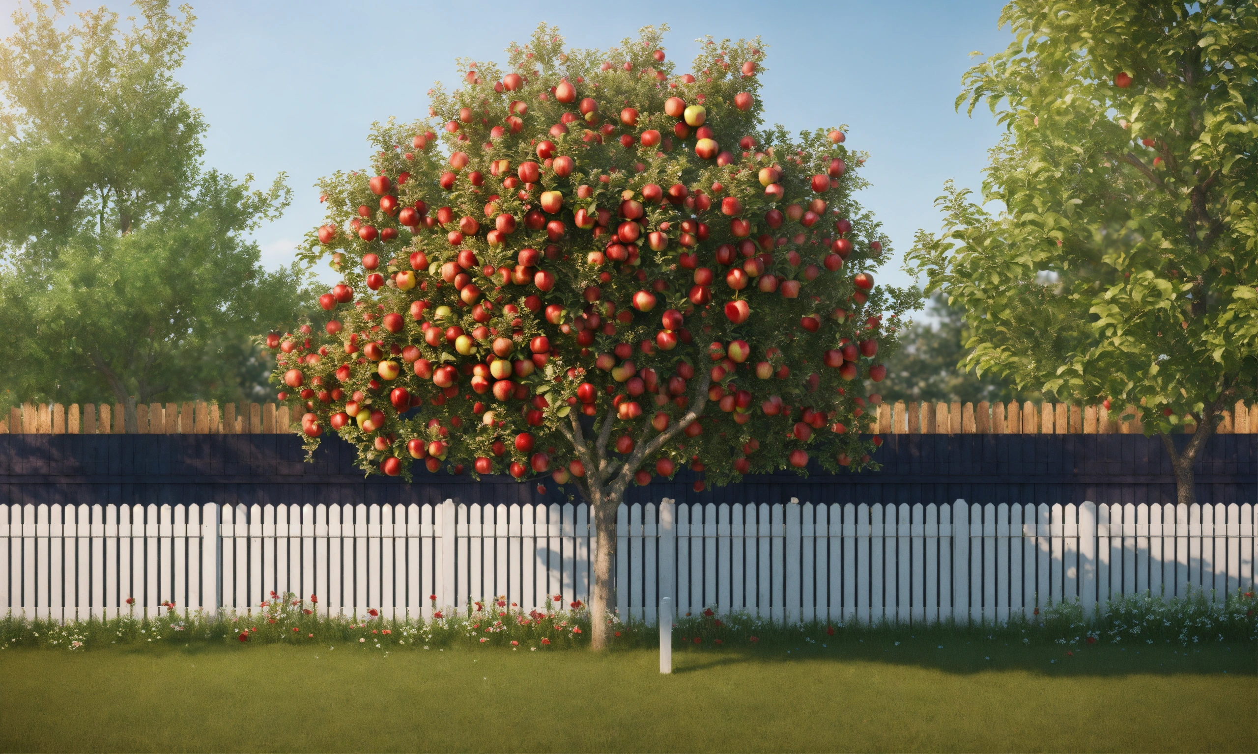 Lexica - Illustrate an apple tree growing next to a picket fence. The ...