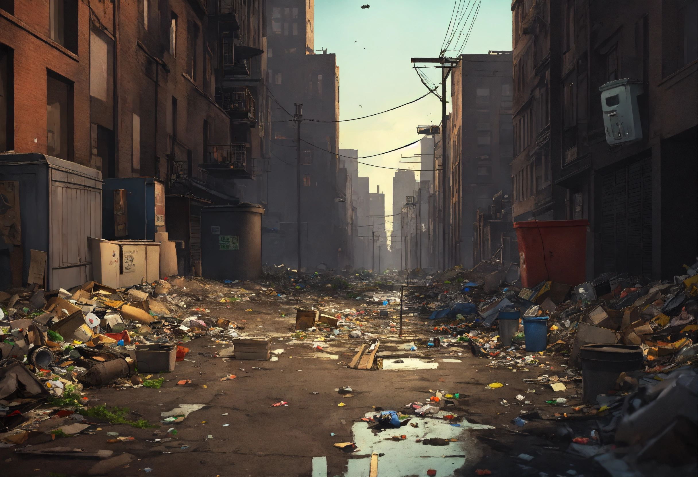 Lexica - A dark and gritty cityscape, filled with garbage and litter ...