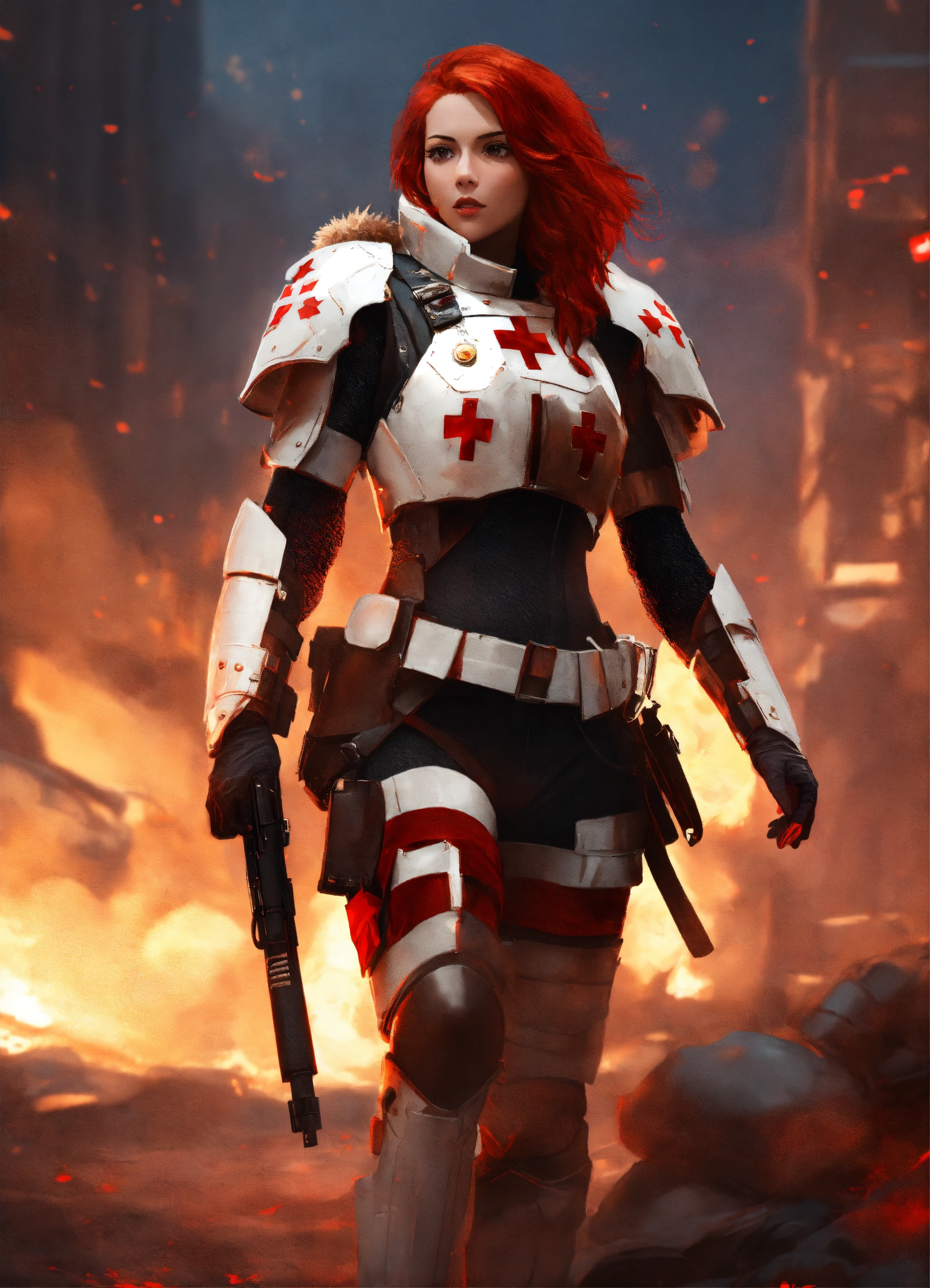 Lexica - Female with red hair and wearing white metal military armor ...