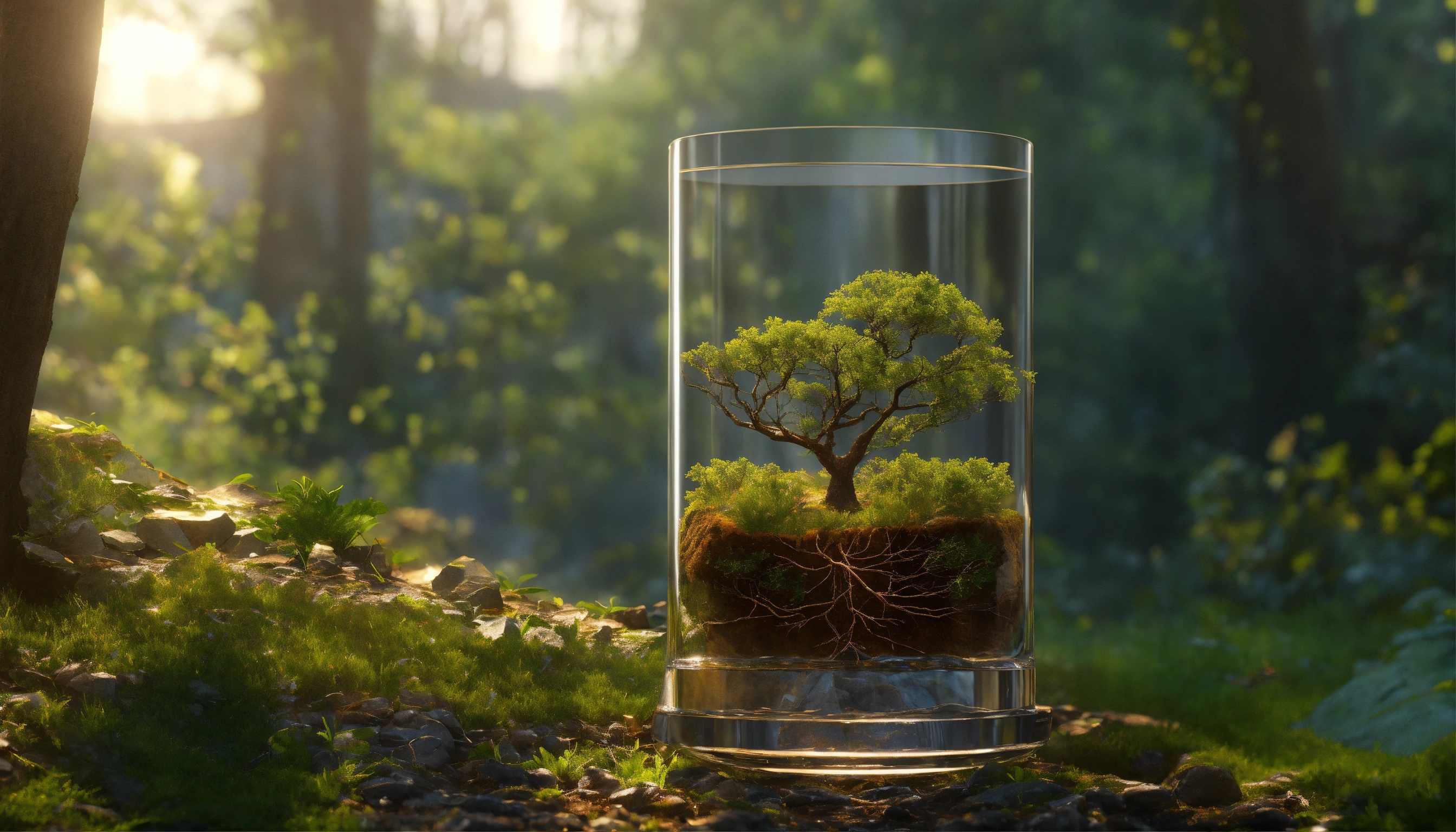 Lexica - Indepth Detailed, minute details, I can see tree roots underneath a glass. In the style ...