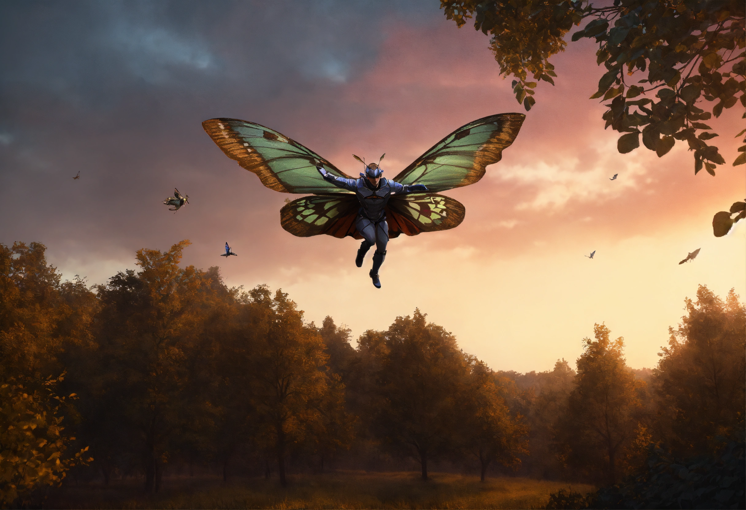 Lexica - Photorealistic humanoid moth-man flying over trees as dusk sets in