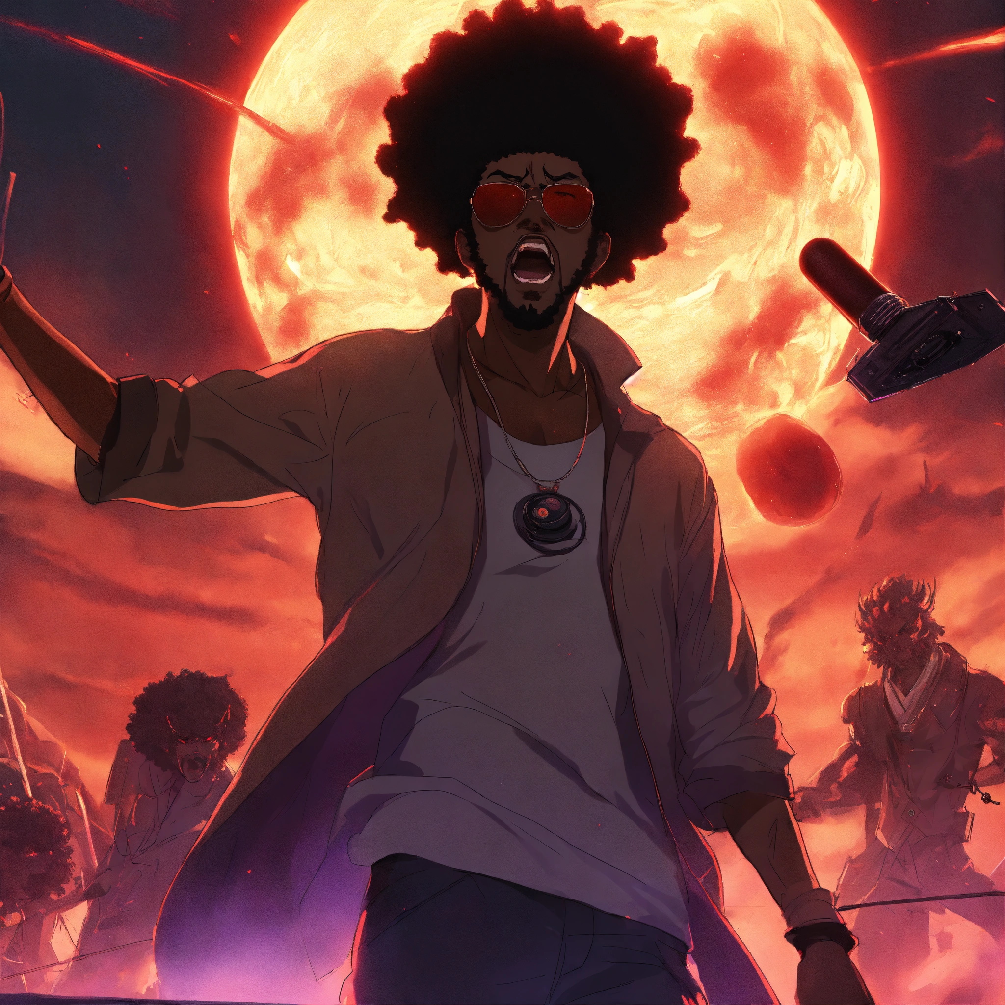 Lexica - Afro samurai anime, man rapping angrily on microphone with ...