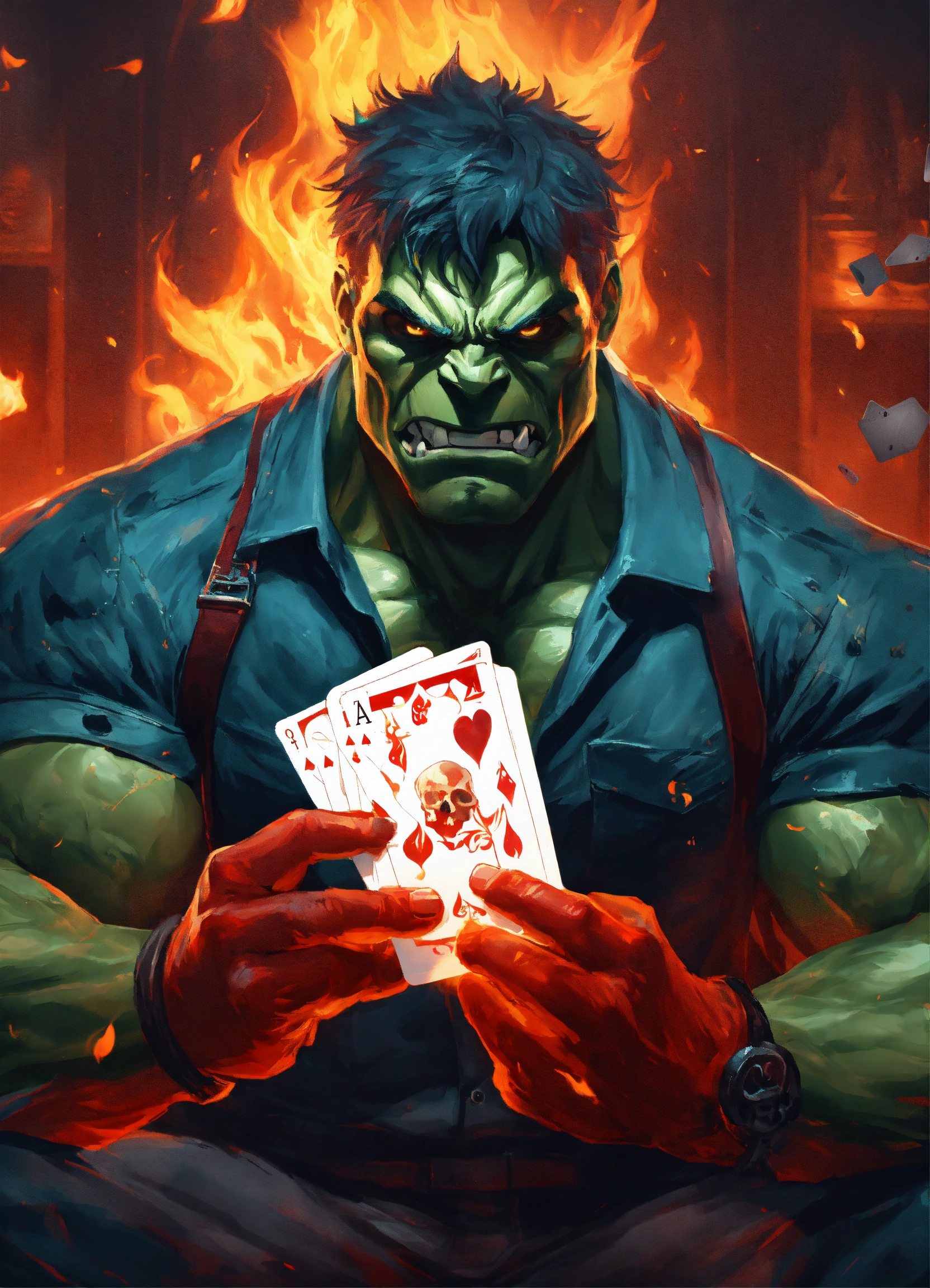 Lexica - A hulk with a skull face holding cards with flames in his ...