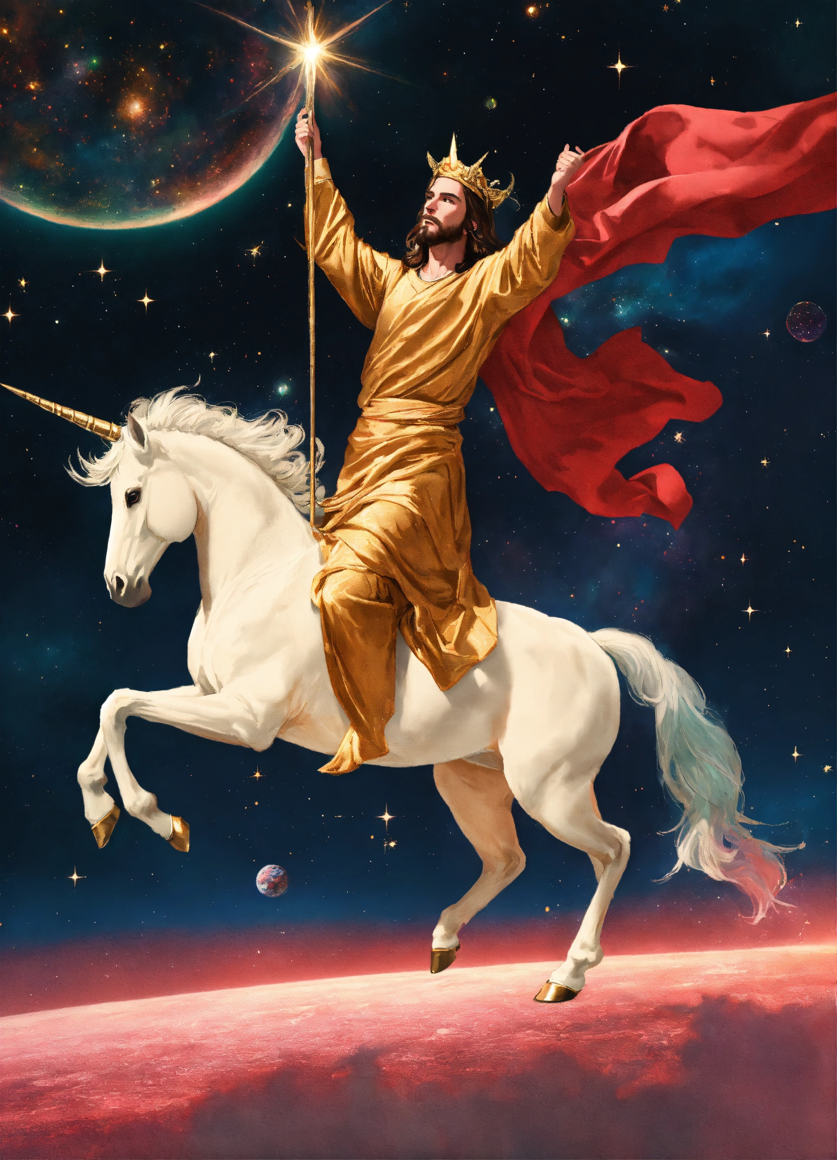 Lexica - Jesus Christ in outer space riding a large unicorn