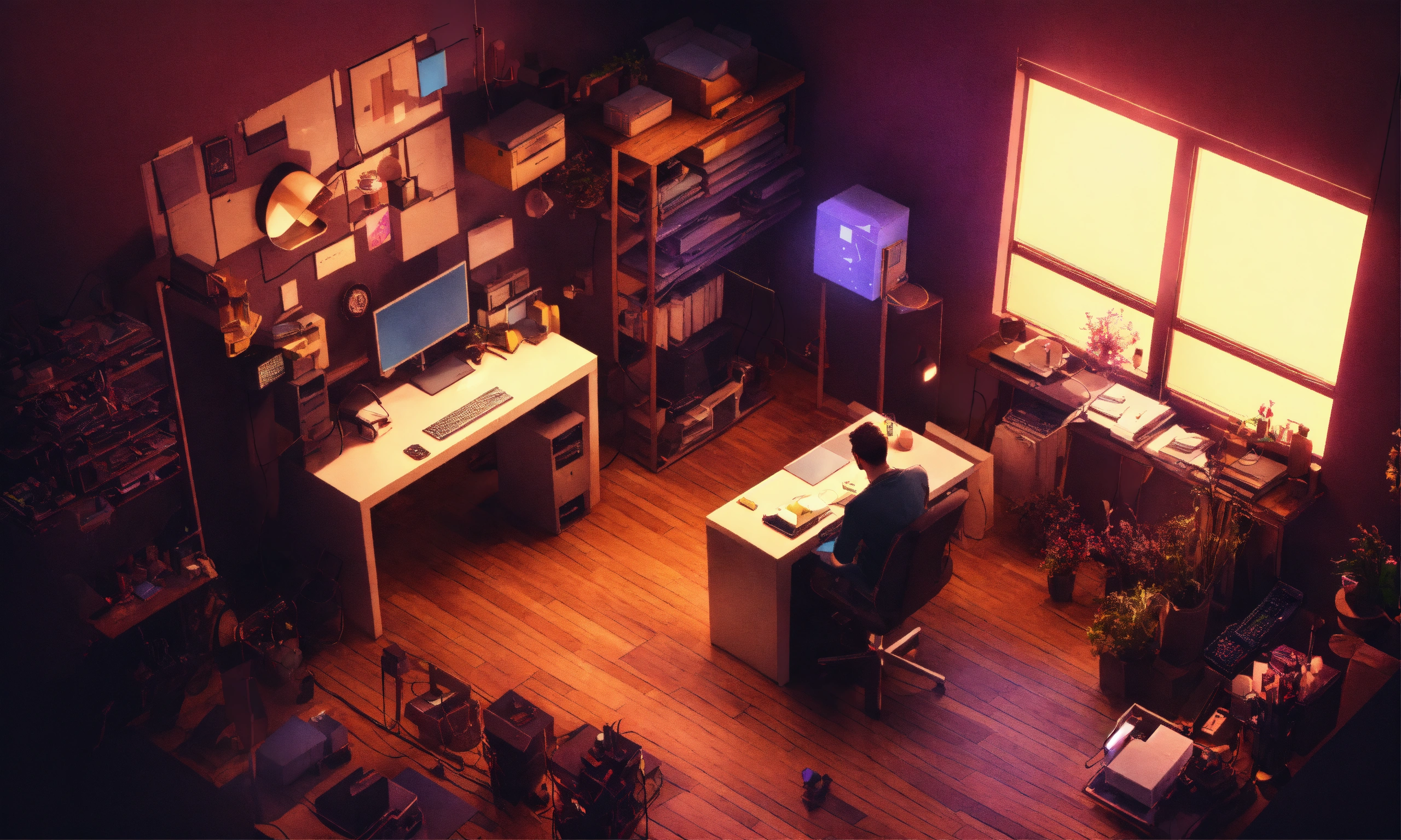 Lexica - Cube cutout of a messy room with a programmer in front of his ...