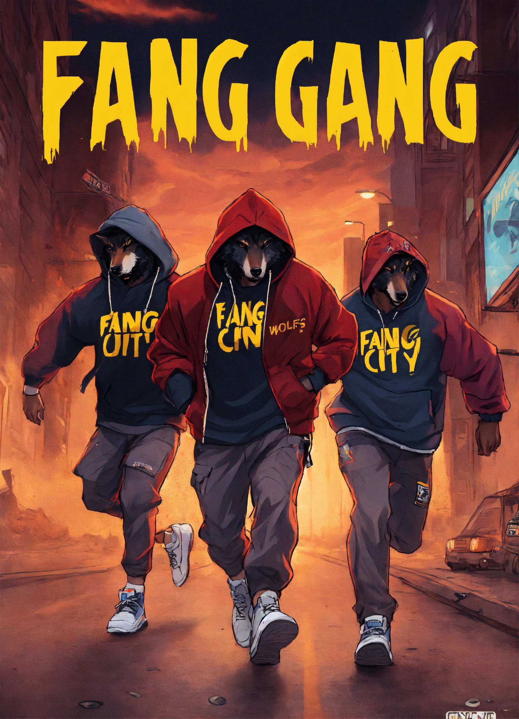 Lexica - Gangster wolves running from gunfire, wearing SnapBacks and ...
