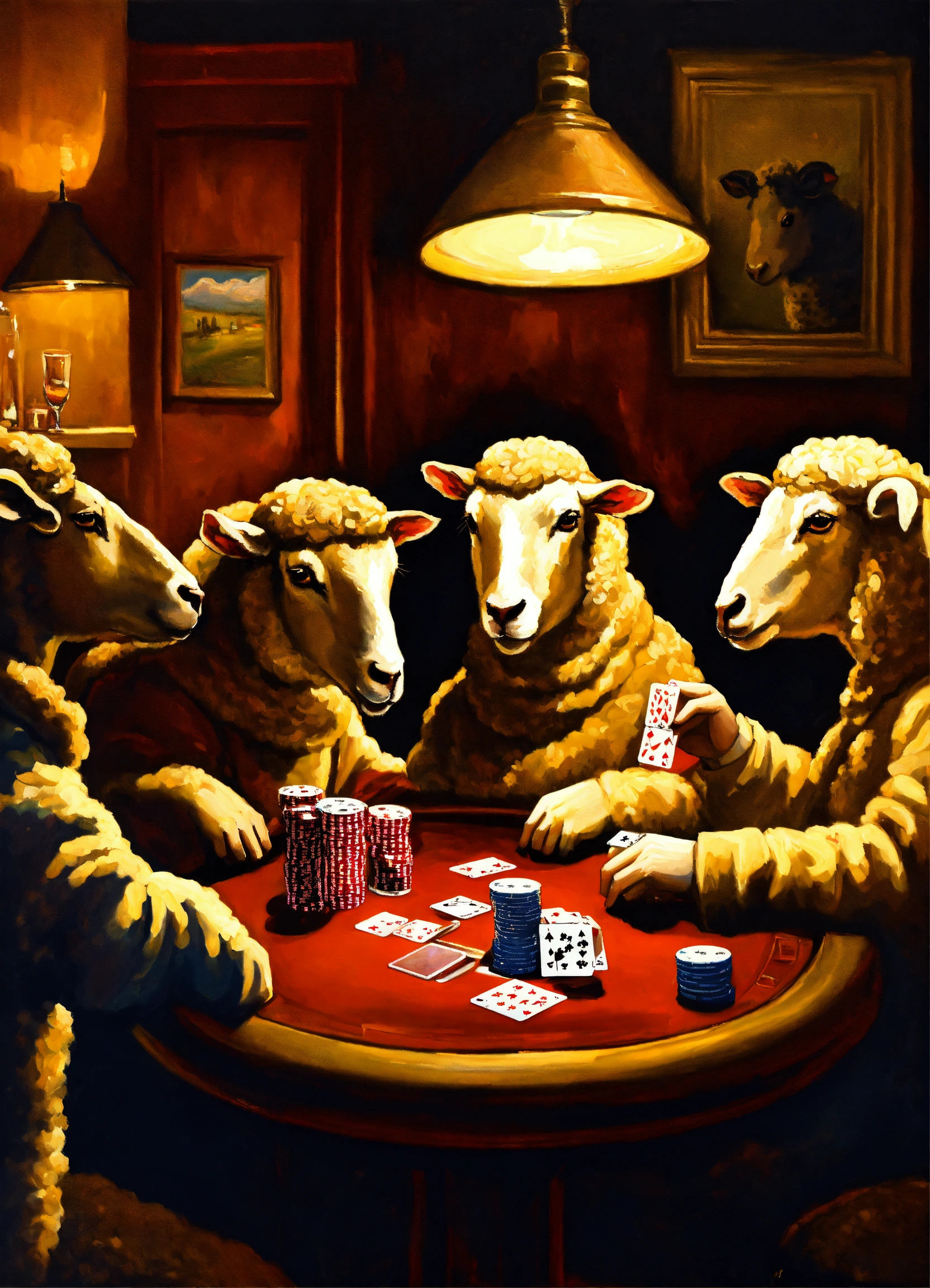 Lexica - Oil painting with some sheep drinking and playing poker, at a ...