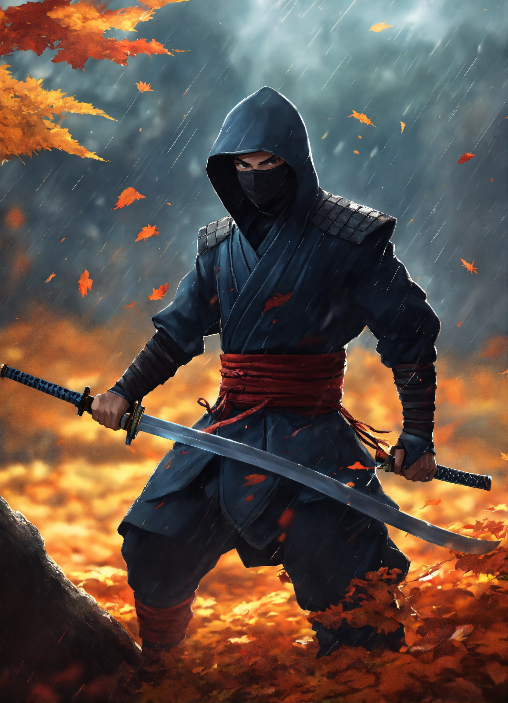 Lexica - Animated. Ninja holding his sword. Standing in a autumn storm.