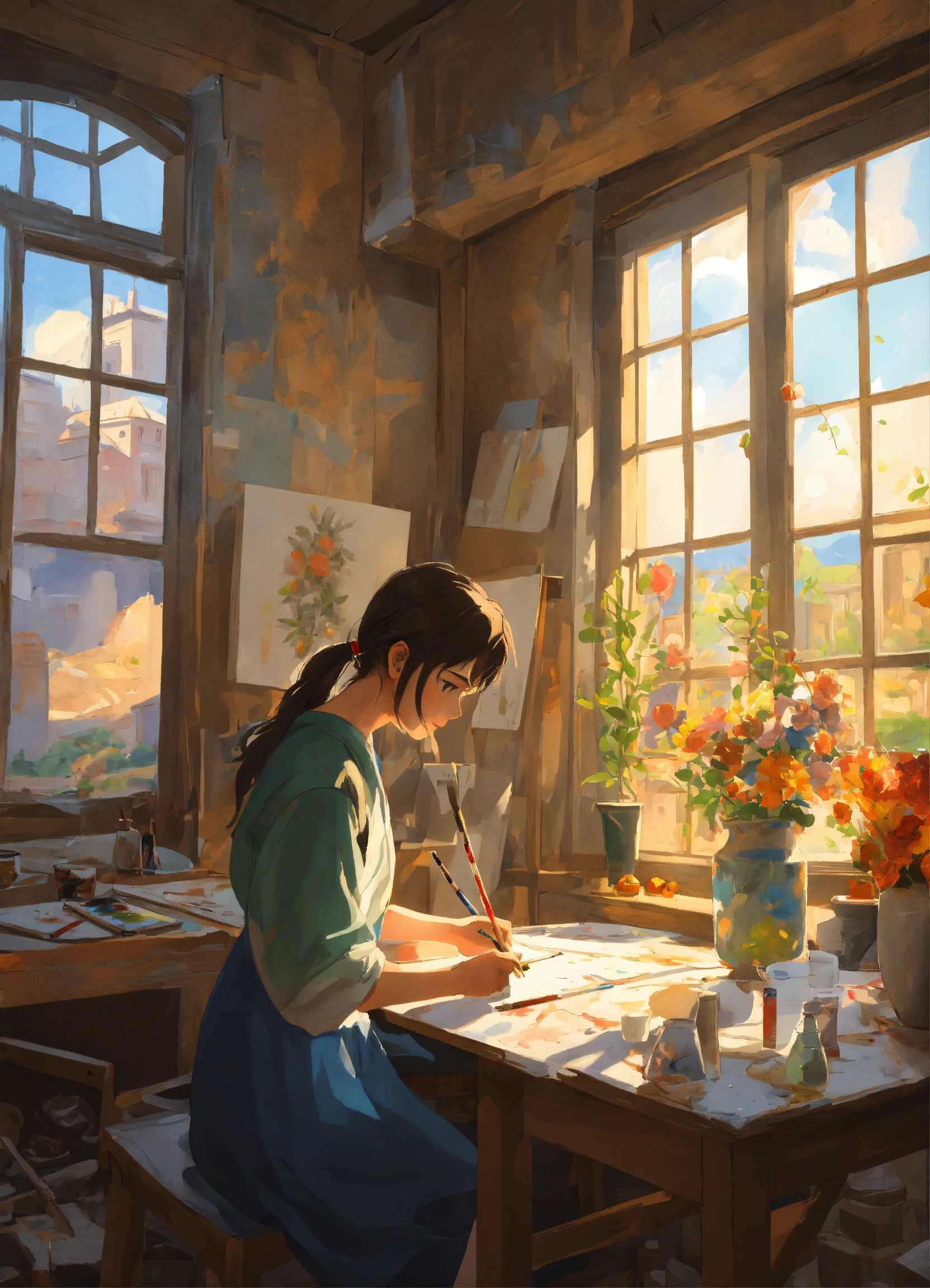 Lexica - An 18-year-old girl is painting a still life with plaster in a ...