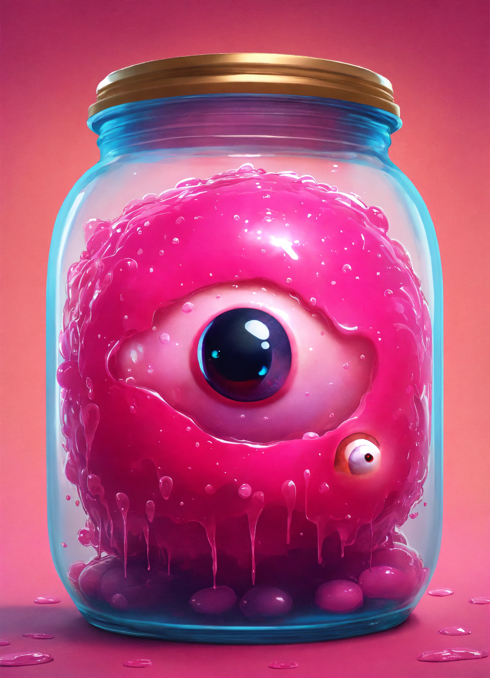 Lexica - A kawaii hot pink blob cyclops in a jar. It has one eyeball only.