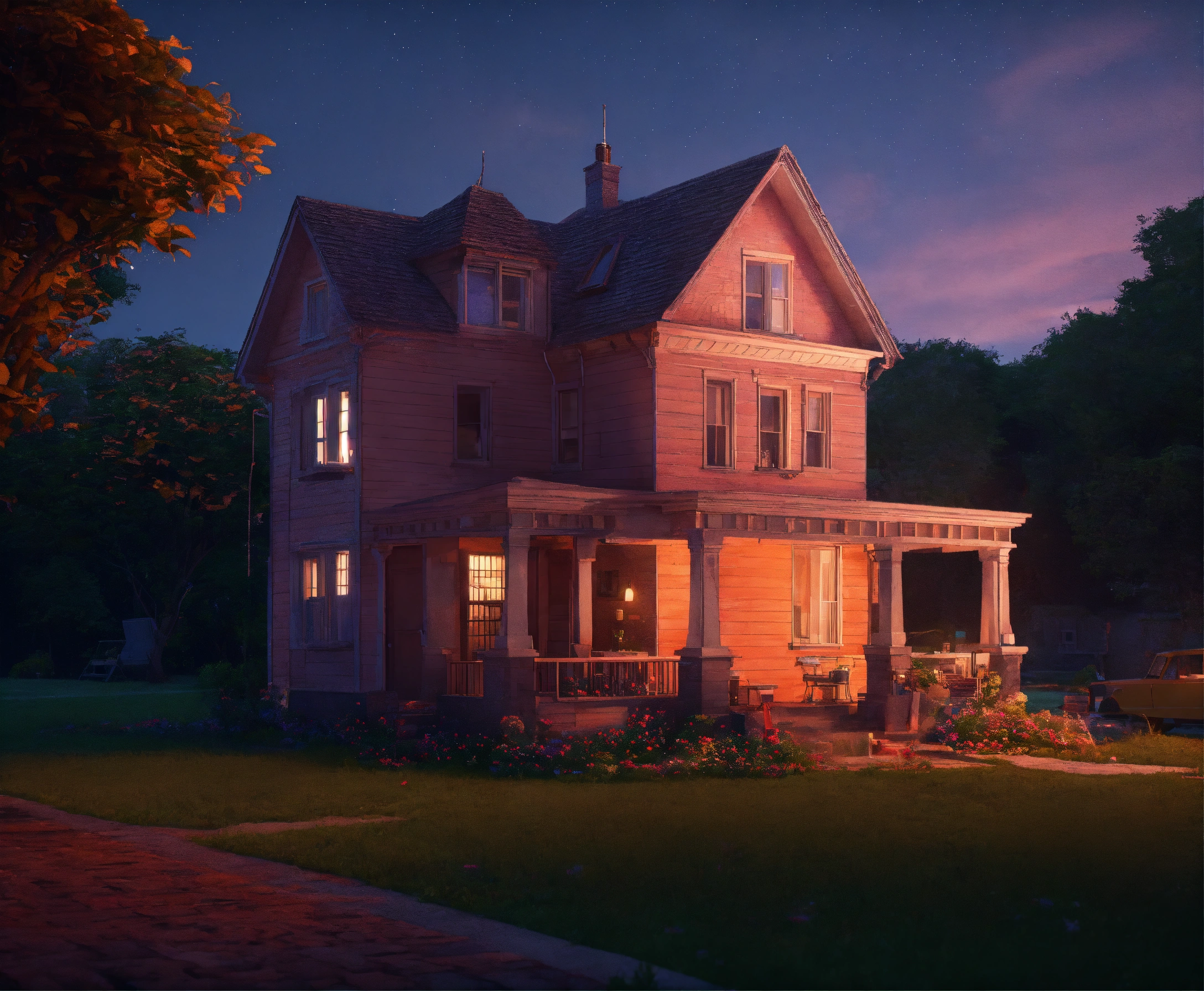 Lexica - CGI. 3D Pixar house exterior. 1980's. nighttime sky. Wes ...