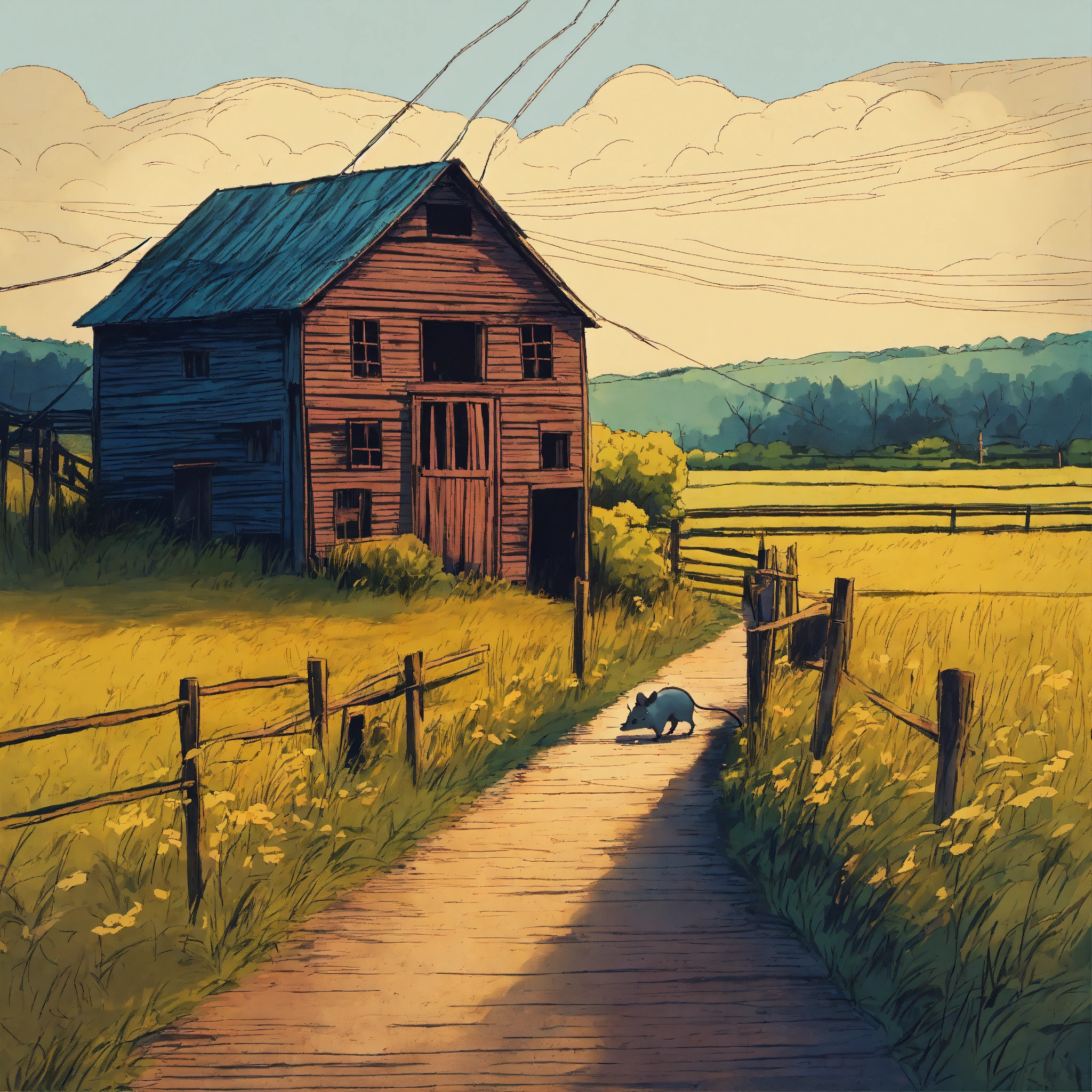 Lexica - A little mouse walking through old barn, old farmland and blue ...