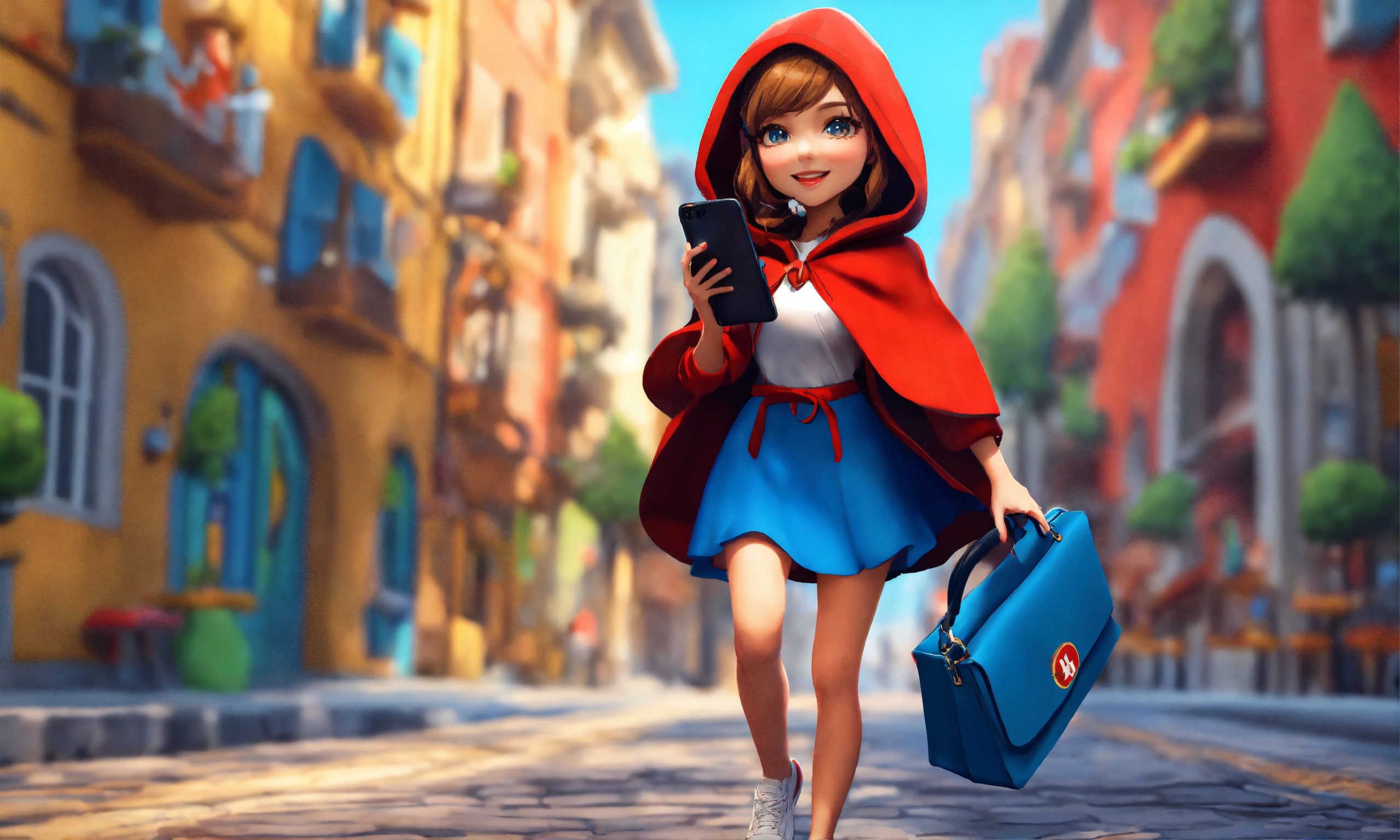 Lexica - Cartoons smiling modern Red Riding Hood, wearing short blue ...