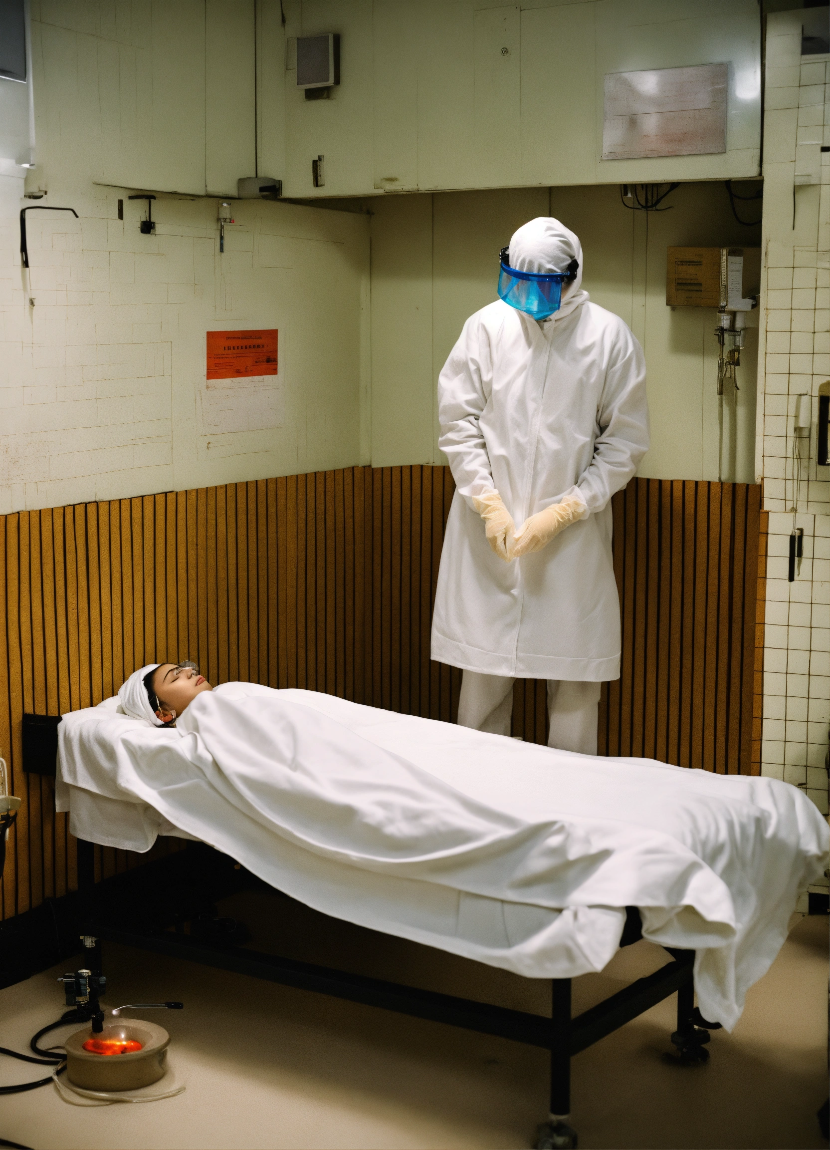 Lexica - A lifeless person covered with white bedsheet in forensic lab