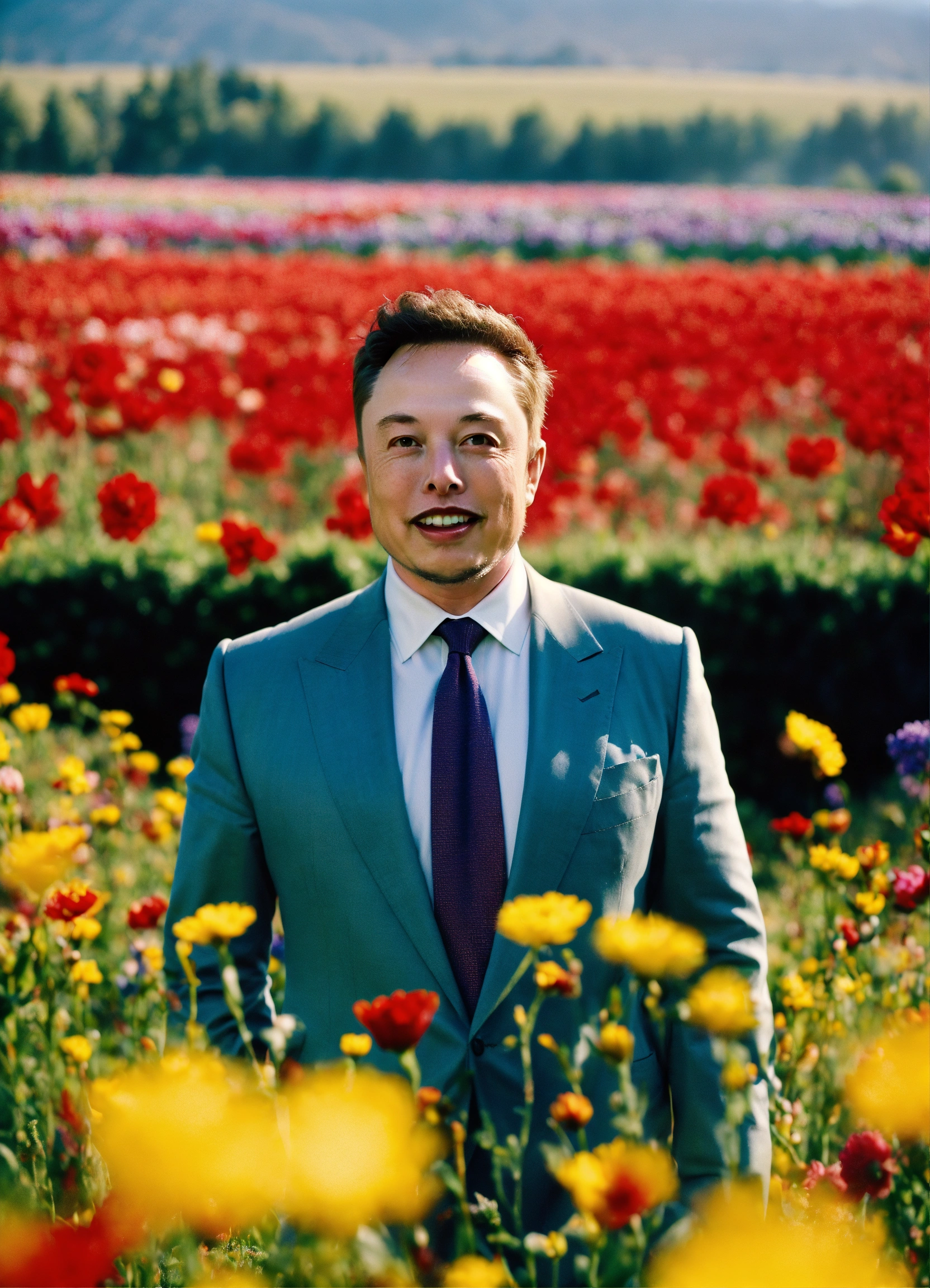Lexica - Happy Elon Musk standing in a beautiful field of flowers ...