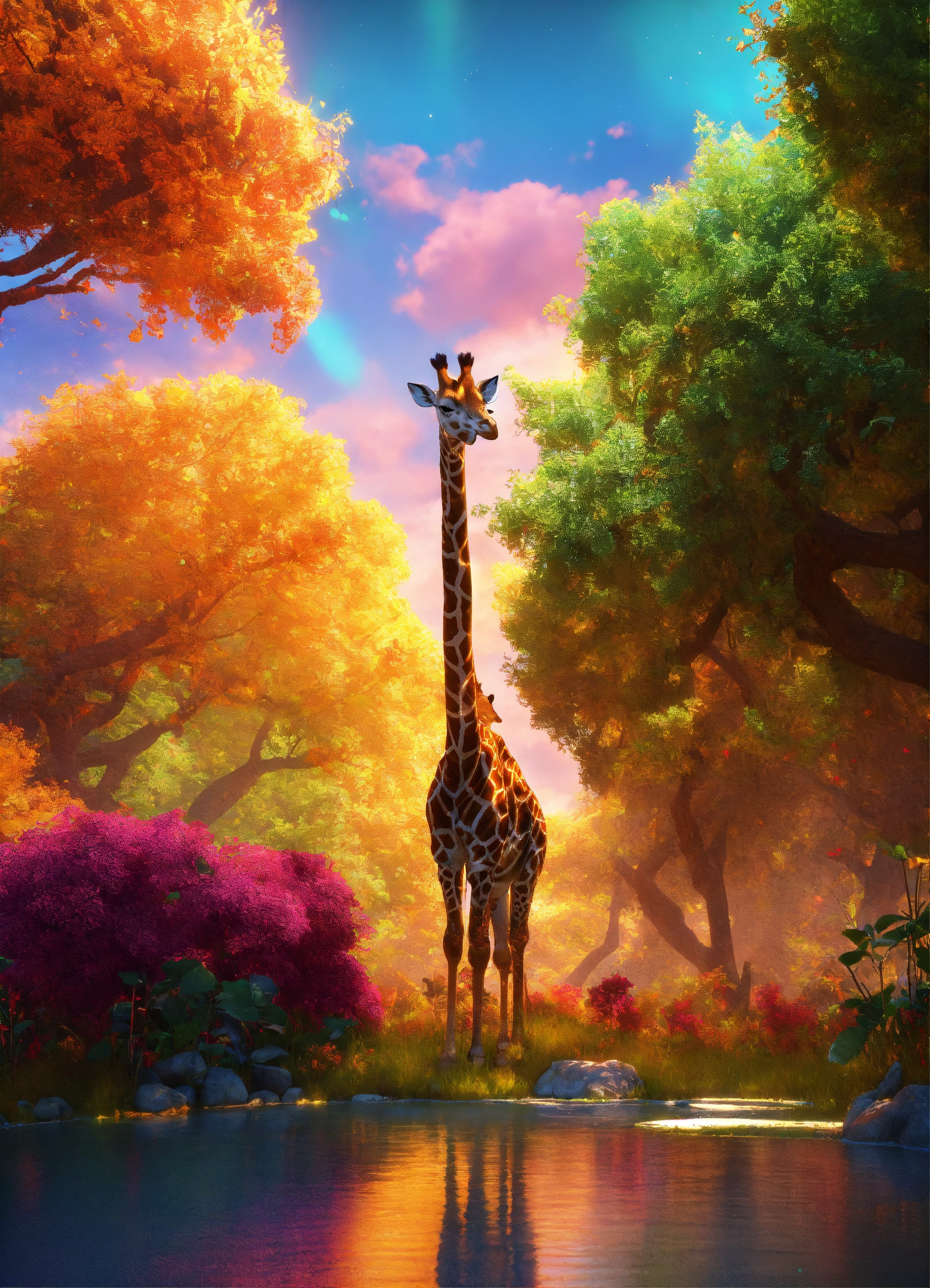 Lexica - Create a still image, 3d, 8k, in the magical forest, giraffe ...