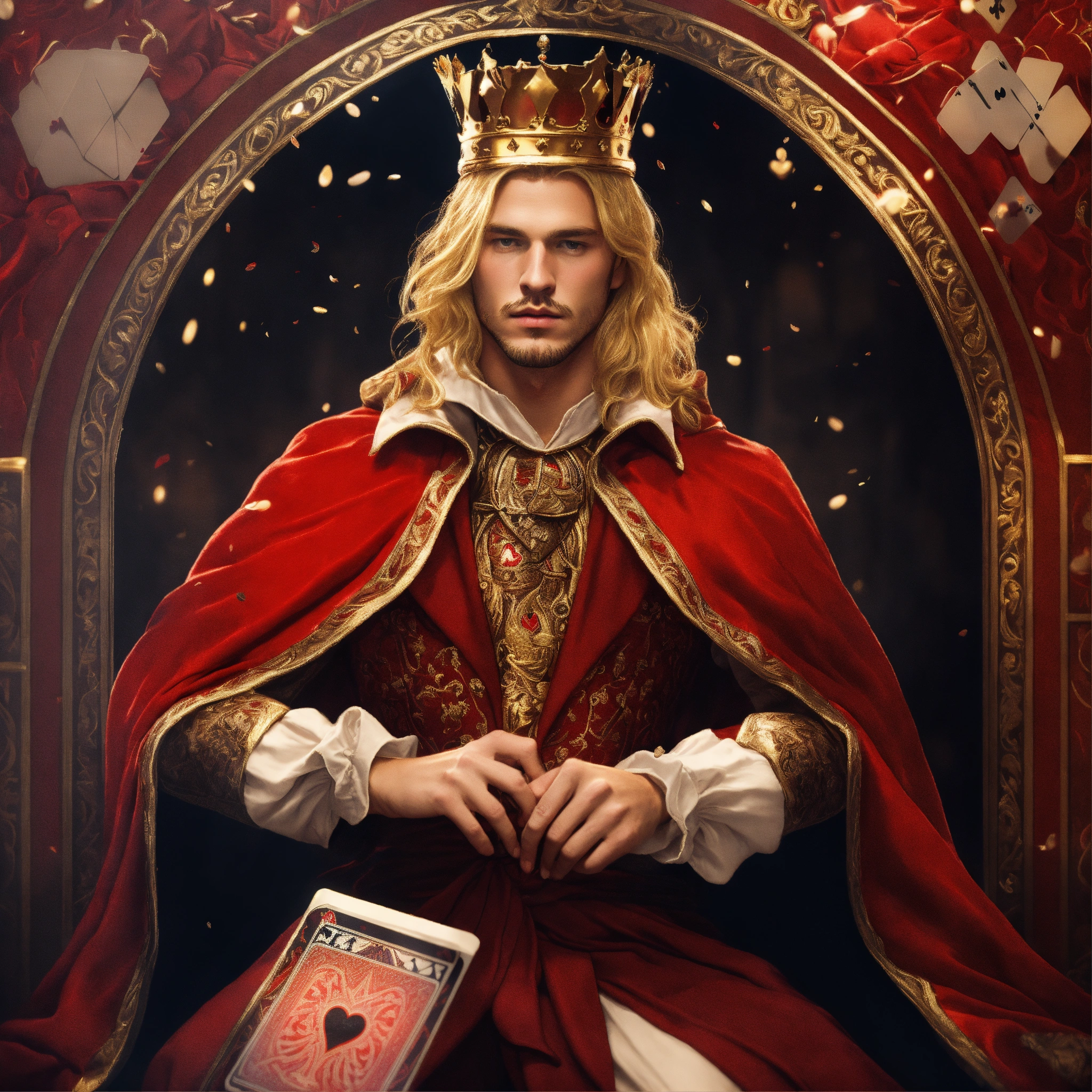 Lexica - Medieval fantasy blonde king with a fancy robe holding a deck ...
