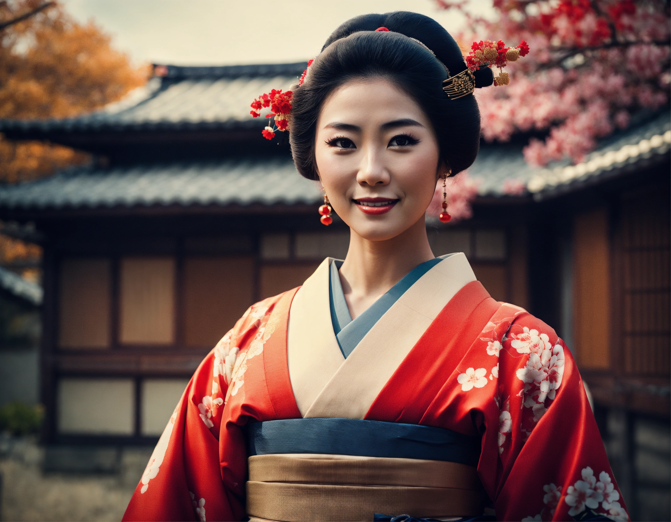 Lexica - Realistic, a gorgeous smiling female geisha standing in front ...