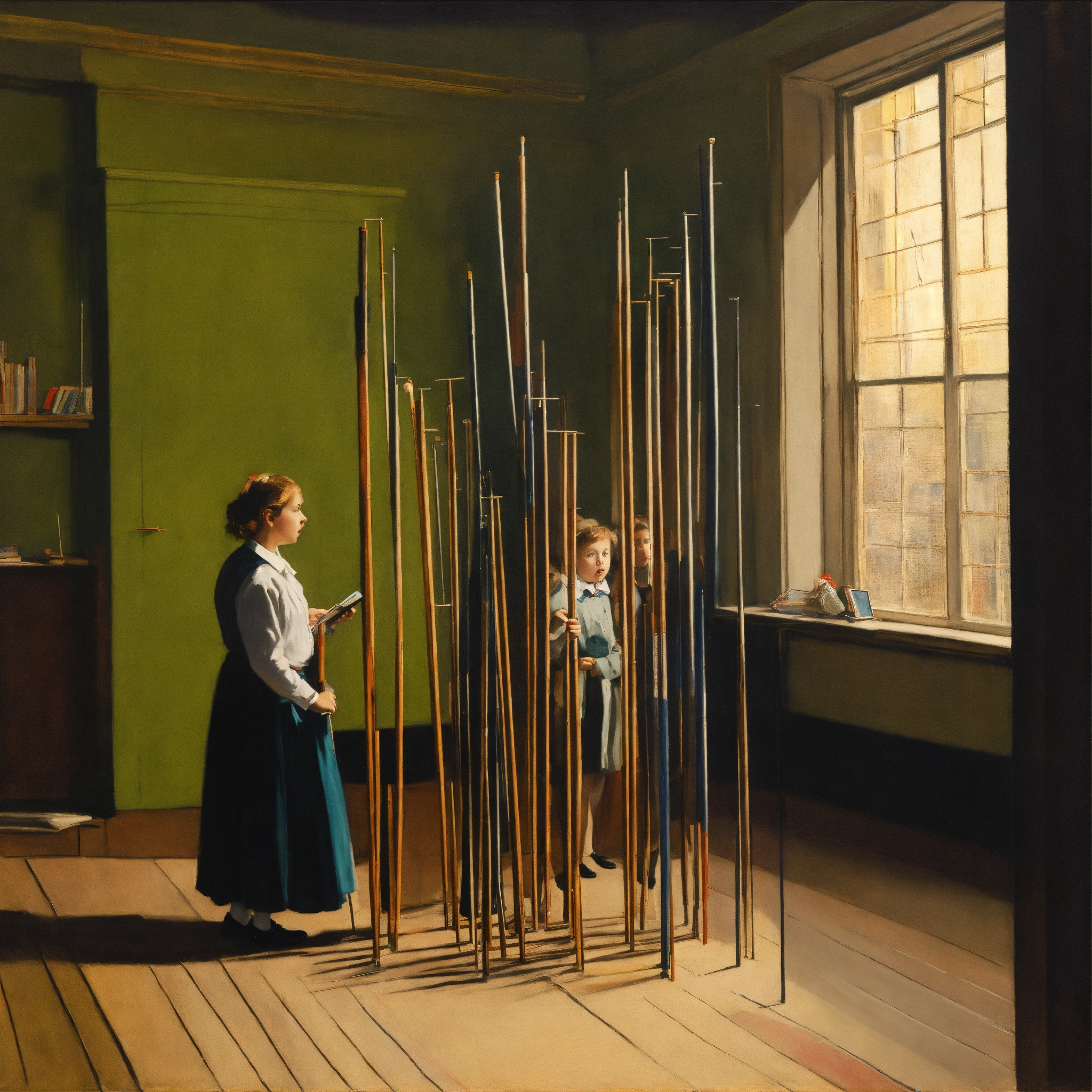Lexica - Teacher with rods, frightened children nearby, in the style of ...