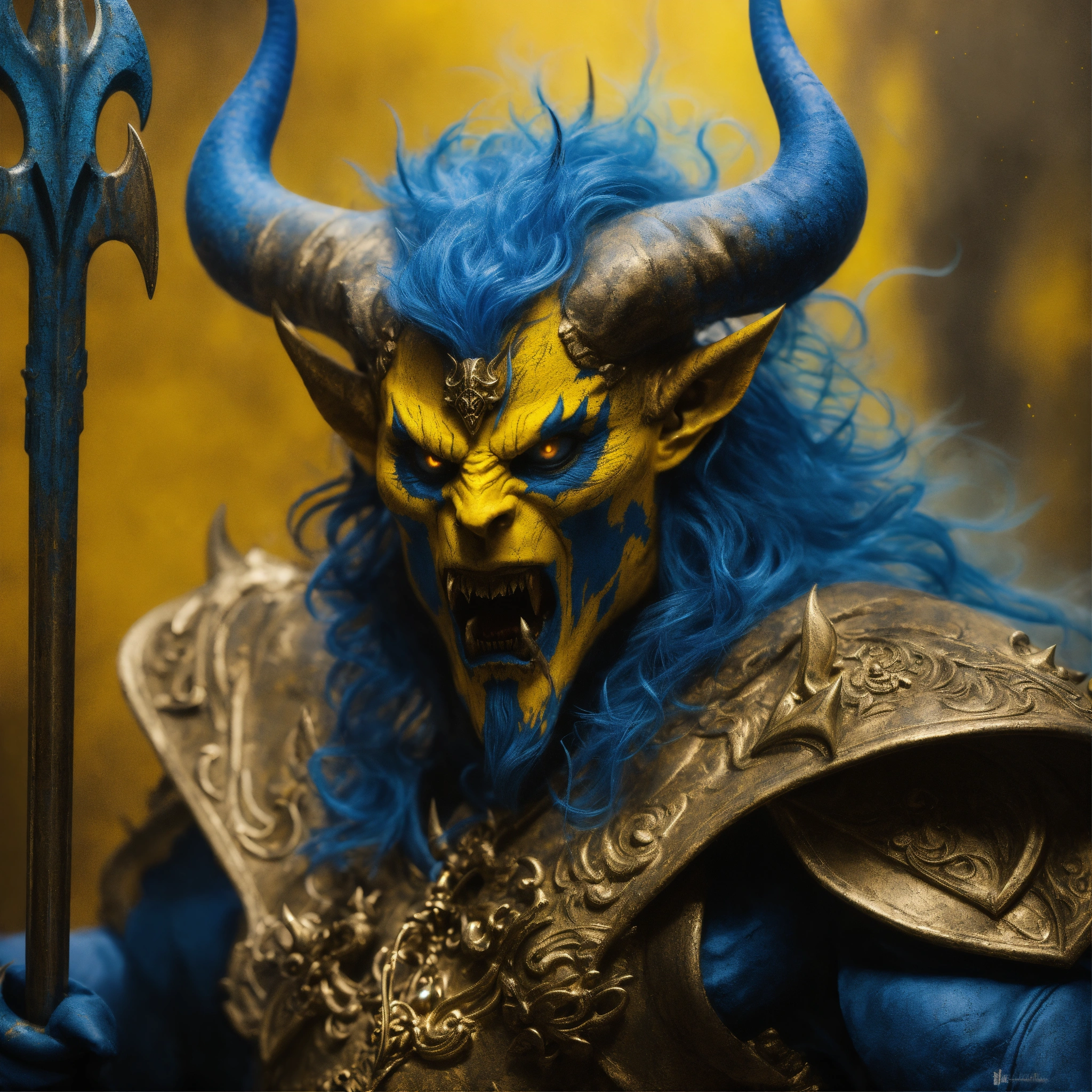 Lexica - Evil demonic yellow and blue devil, holding a trident, ominous ...