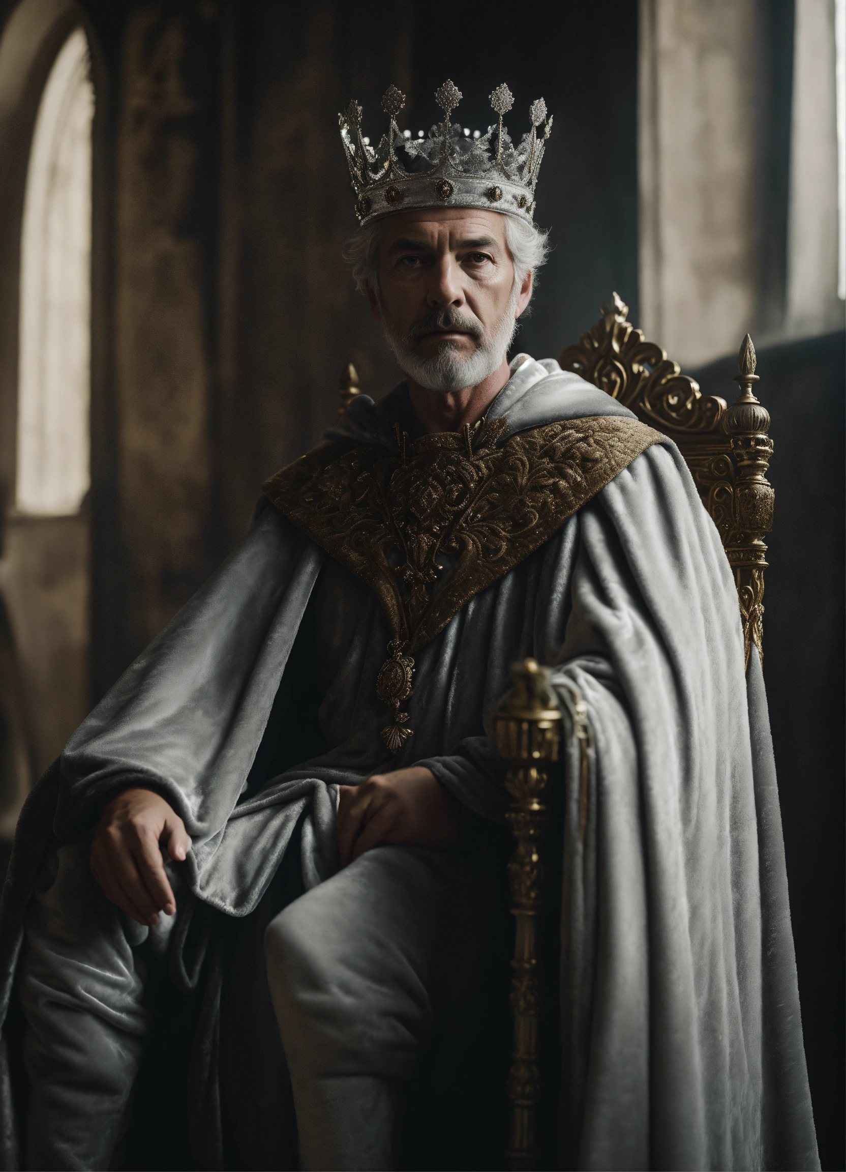 Lexica - White middle-aged king, man, realistic, simple grey velvet ...