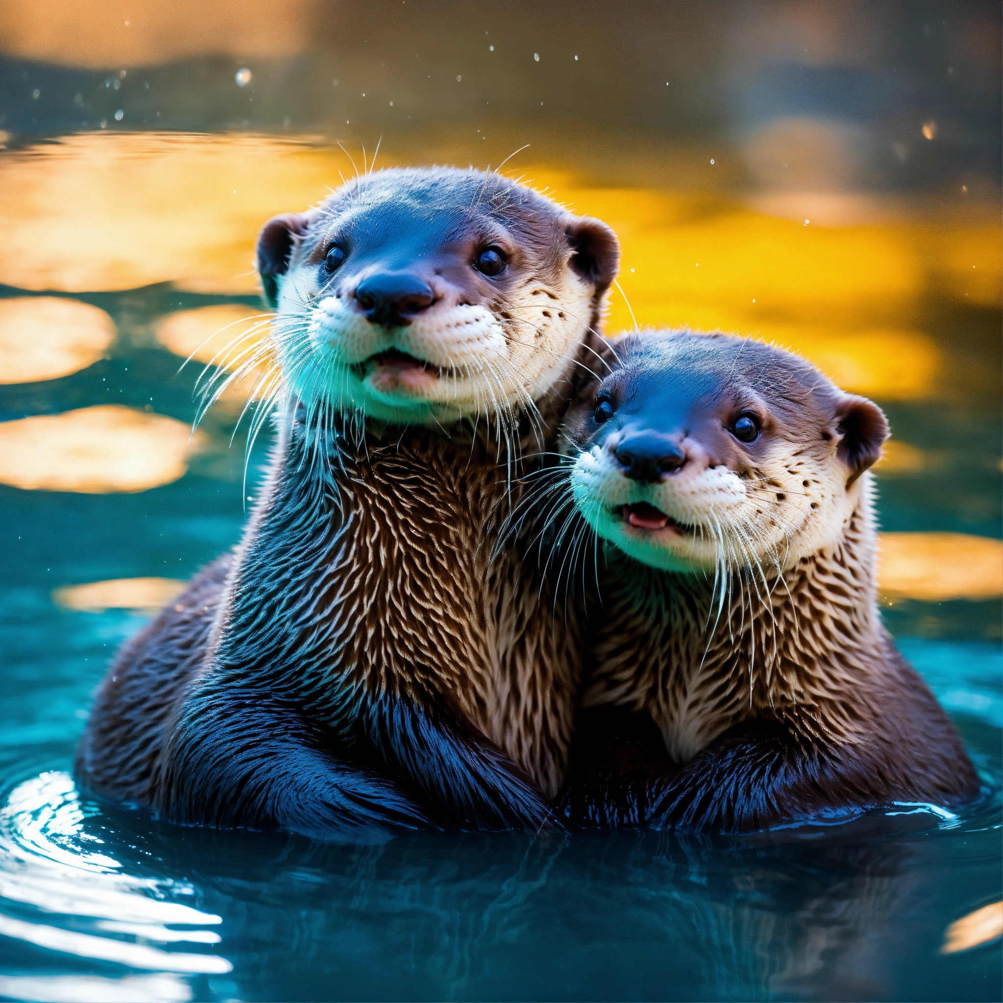 Lexica - Two Happy Baby Otters Hugging in Glowing Blue Water