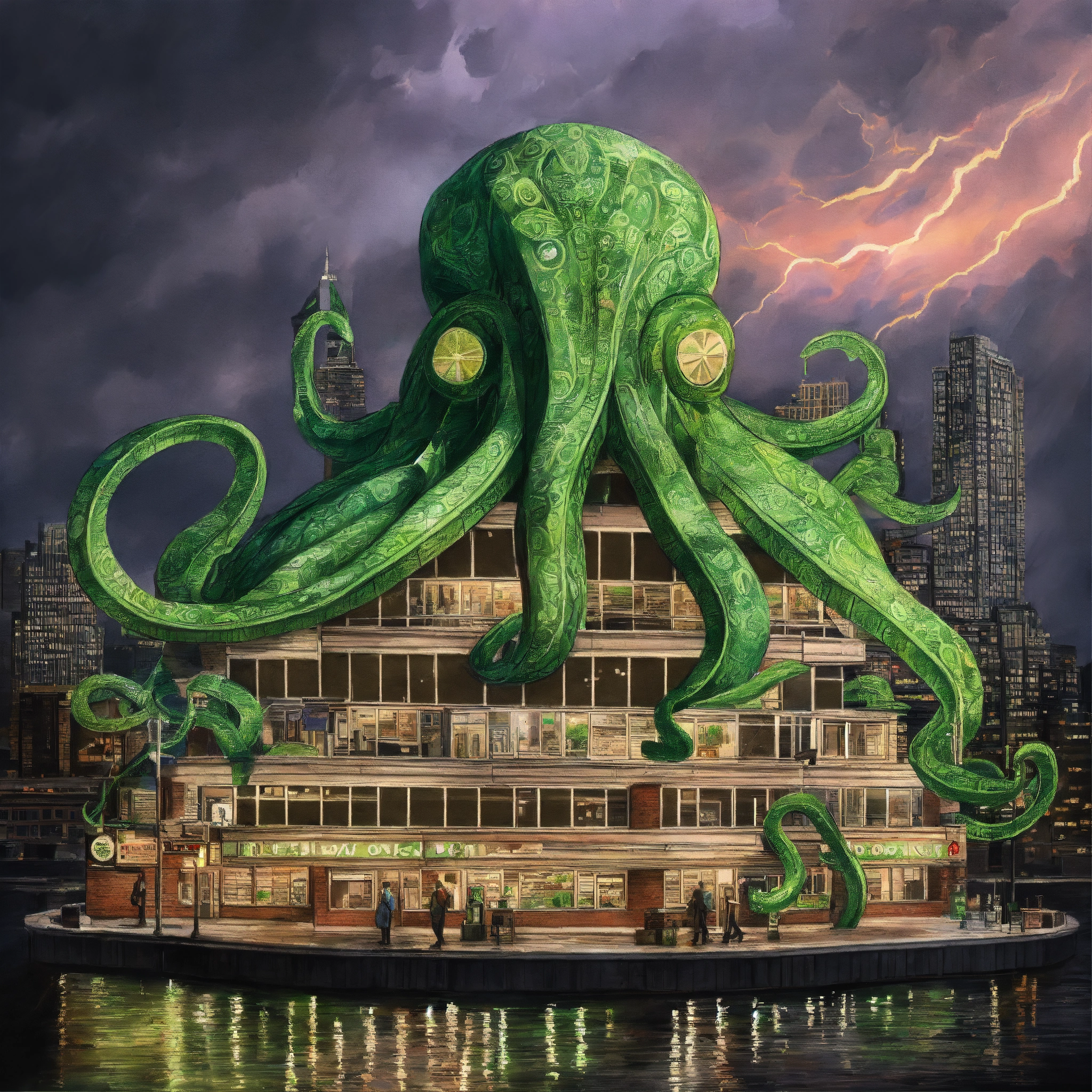 Lexica - Colored pencil sketch of a giant green kraken made of dollar ...