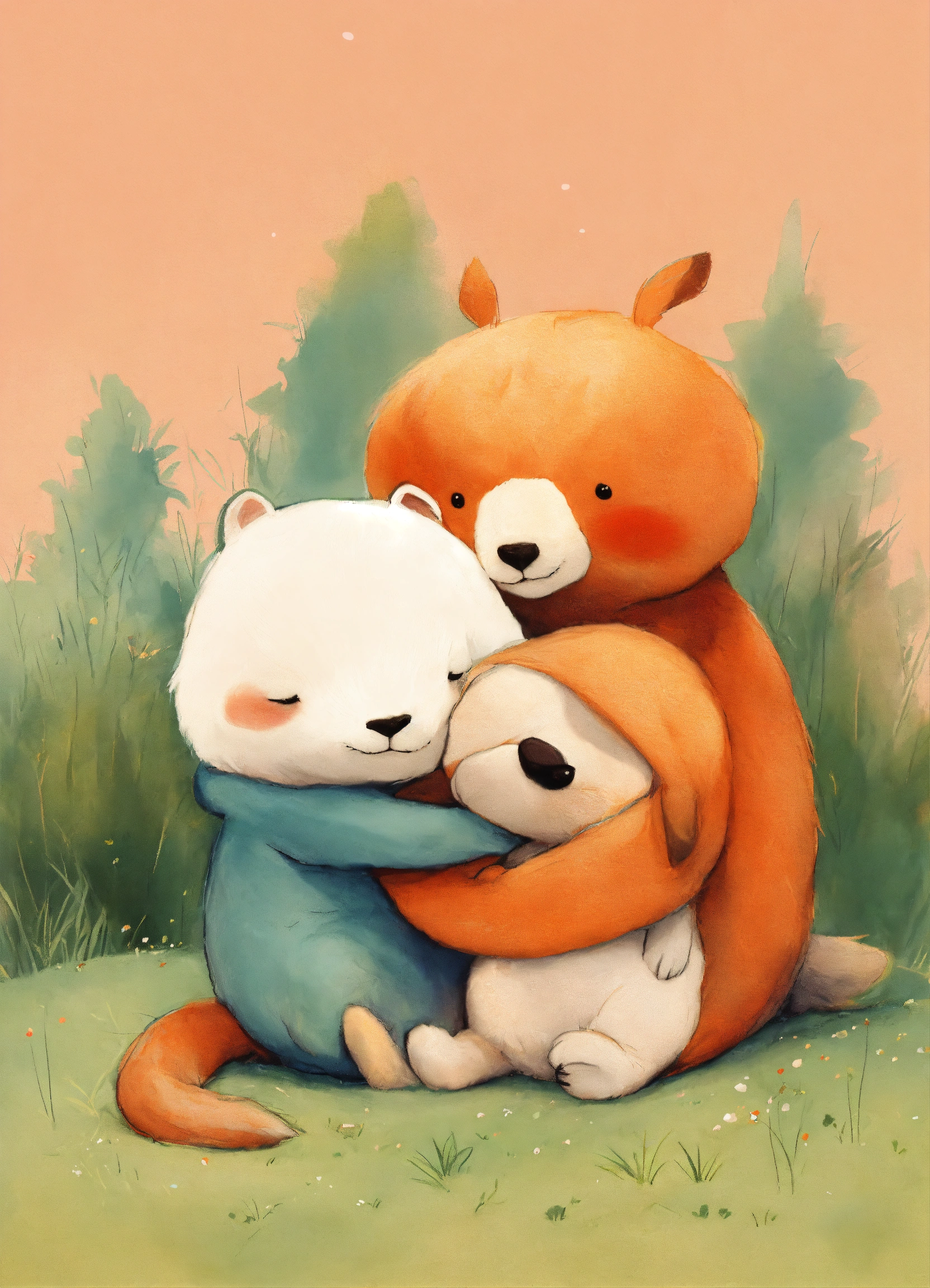 Lexica - Happy friends cuddling, cute critters, by oliver jeffers