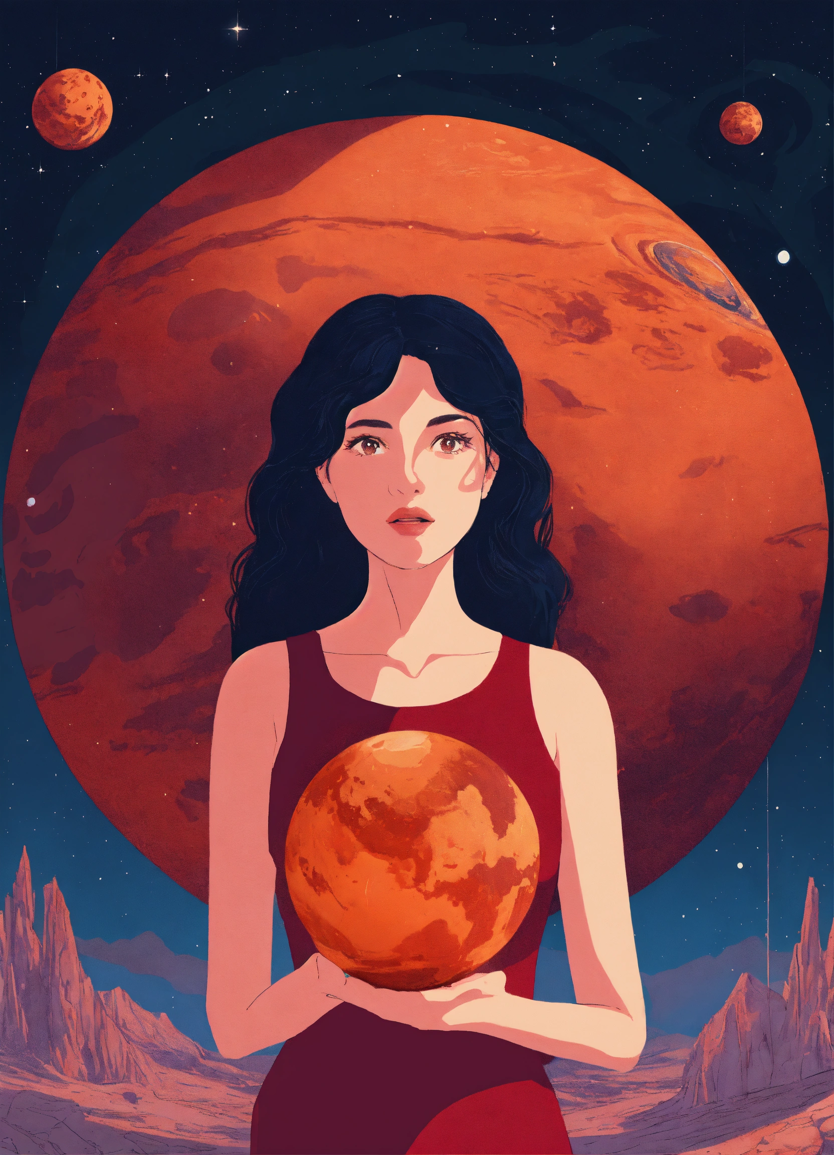 Lexica - Illustration of a confused woman holding "Planet Mars"