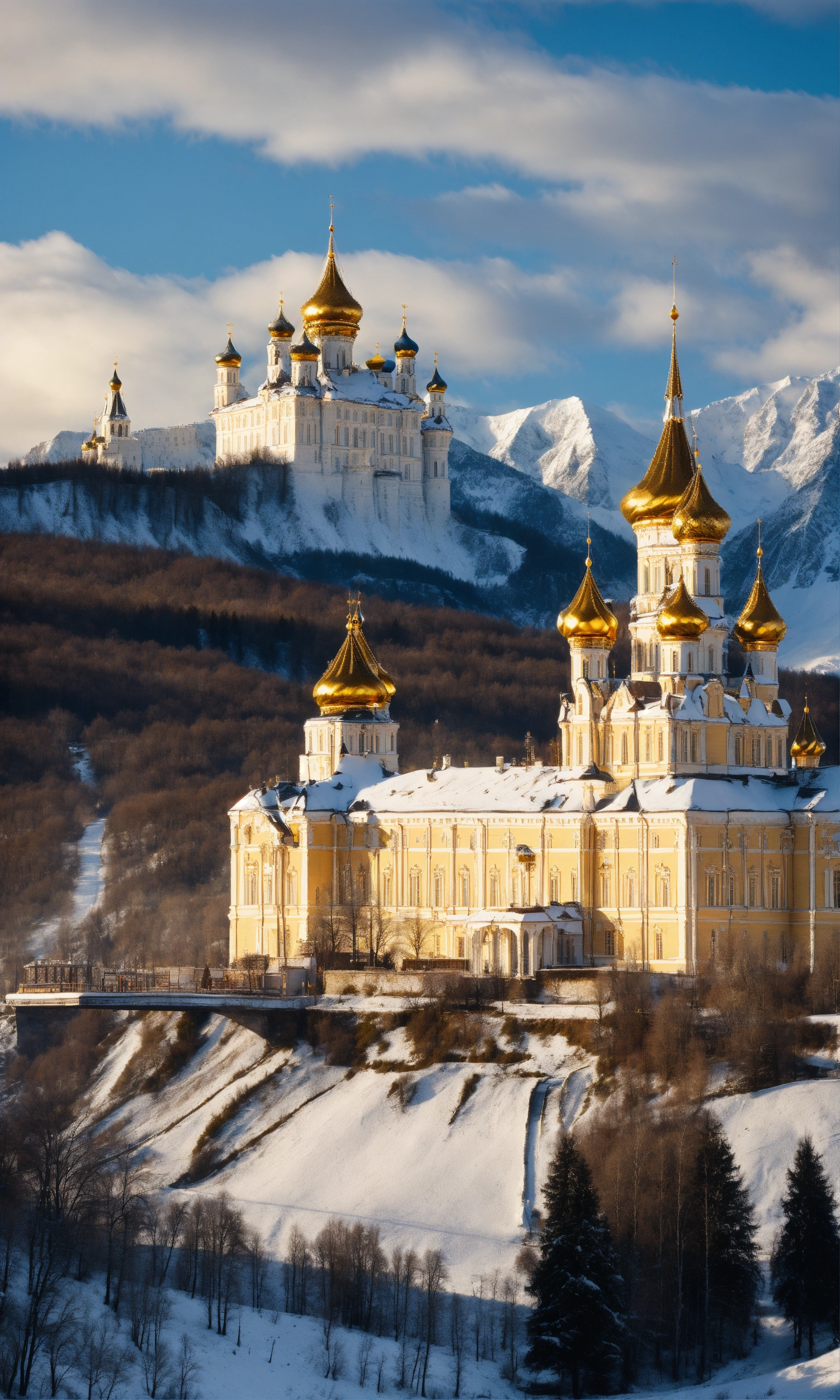 Lexica - Russian royal castle with golden roof in foreground and winter ...