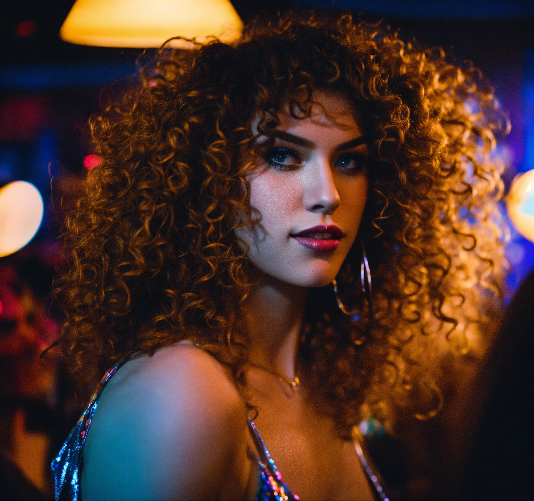 Lexica - Very attractive trans woman, curly hair, dancing in a night club