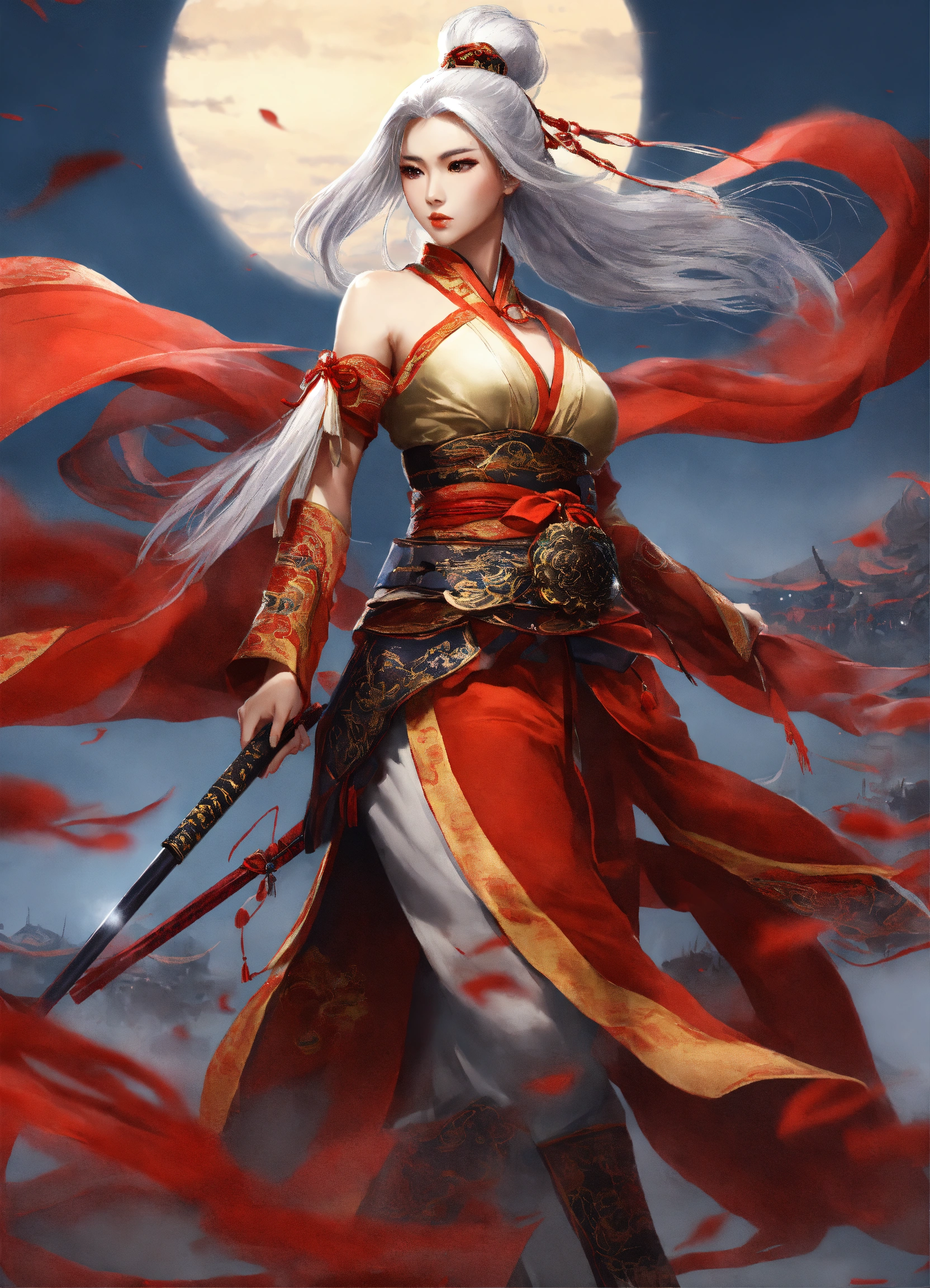 Lexica - Wuxia. Attractive courtesan with white hair, using a warfan to ...