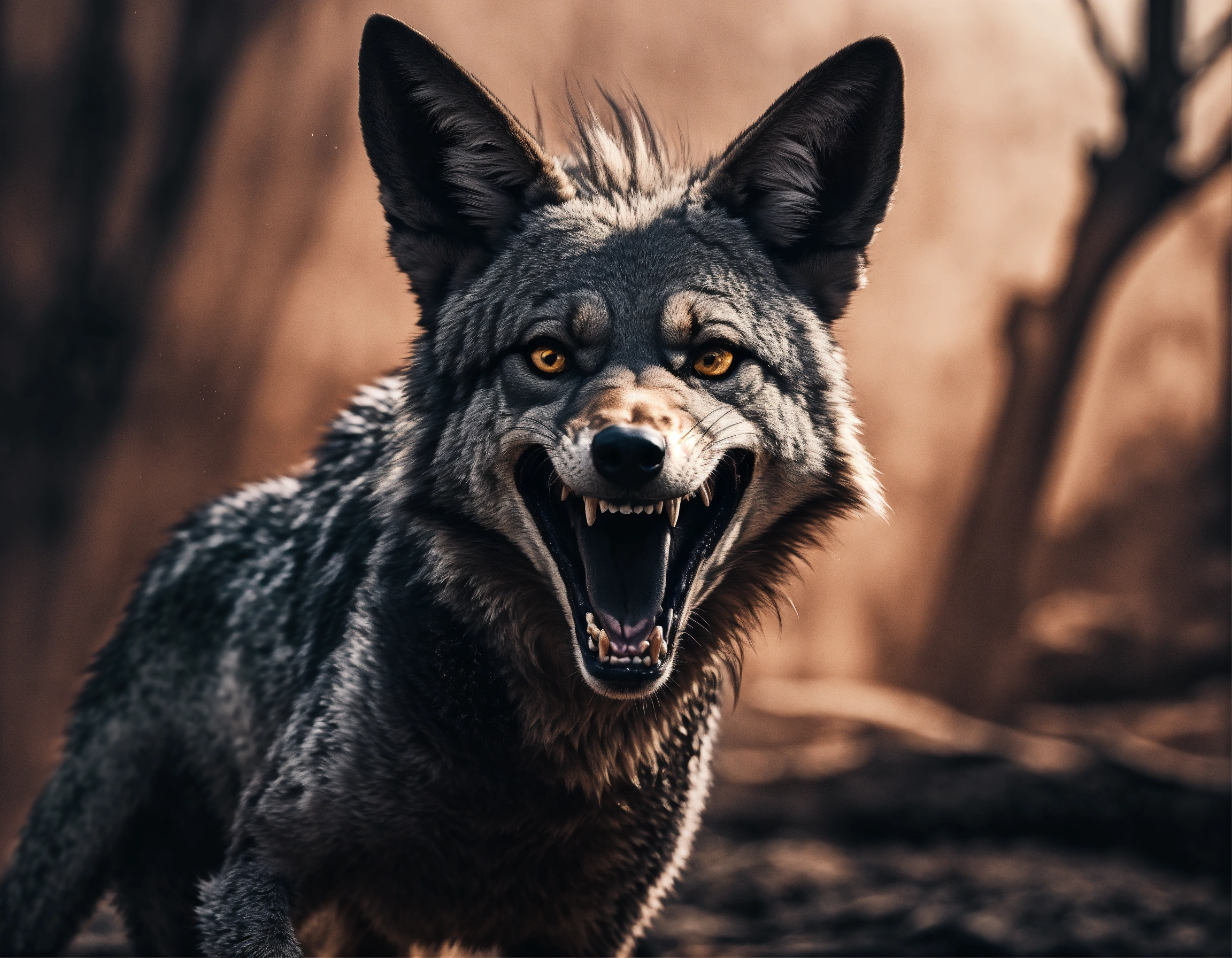 Lexica - One crazed slavering grinning evil jackal faces the camera ...