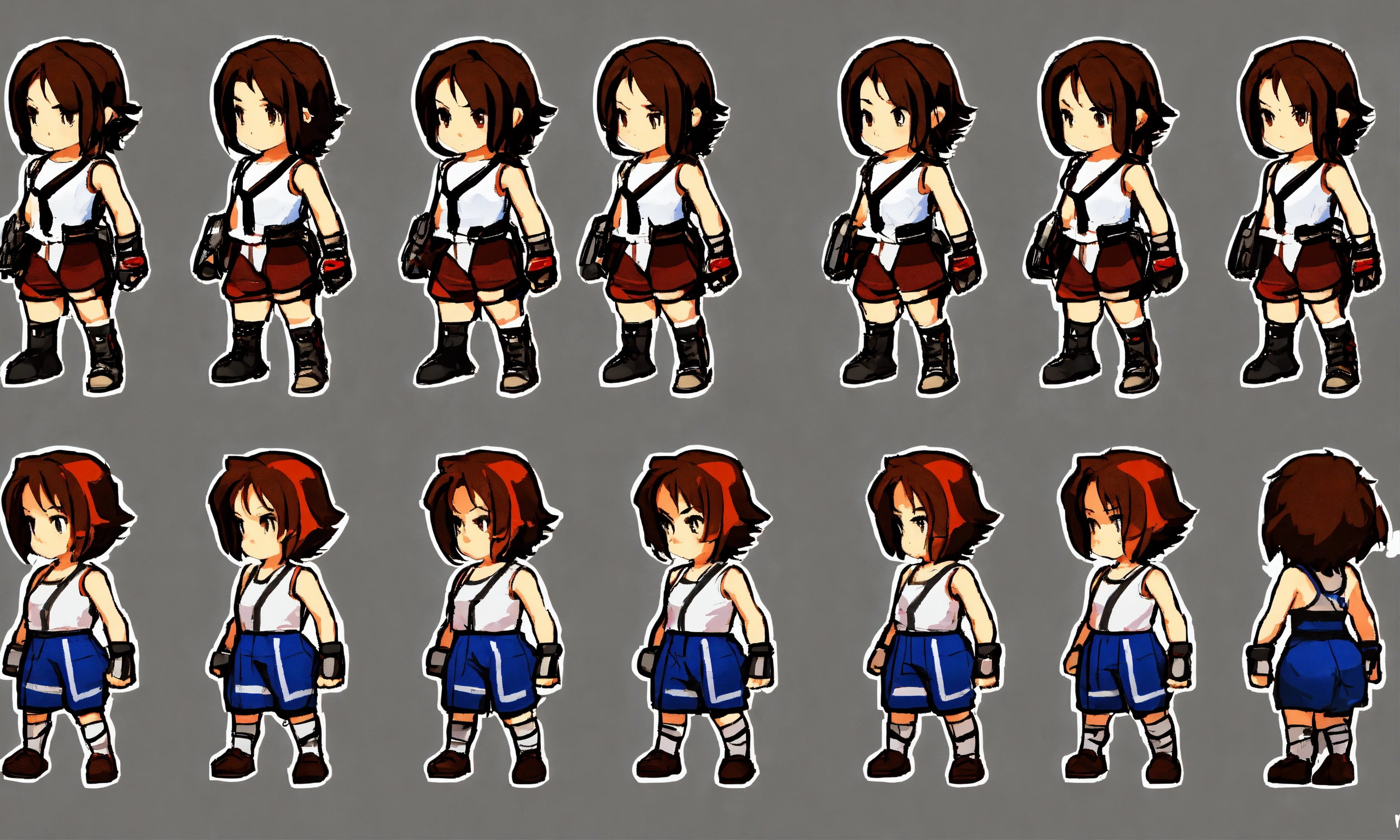 Lexica - Game assets, sprite sheet, girl, short hair, tank top, shorts ...