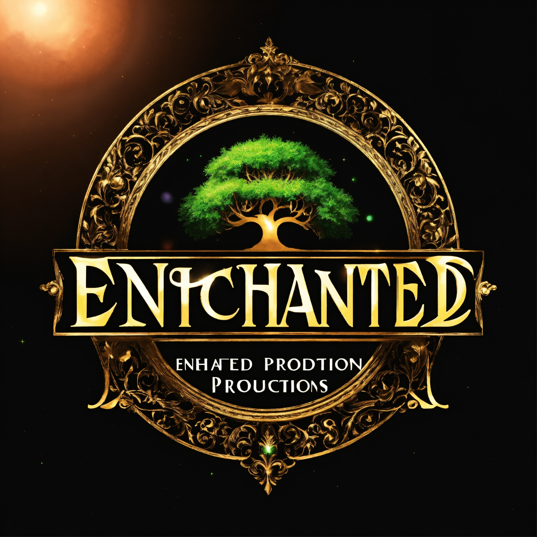 Lexica - 'Enchanted Productions' logo design, black background, realistic illustration