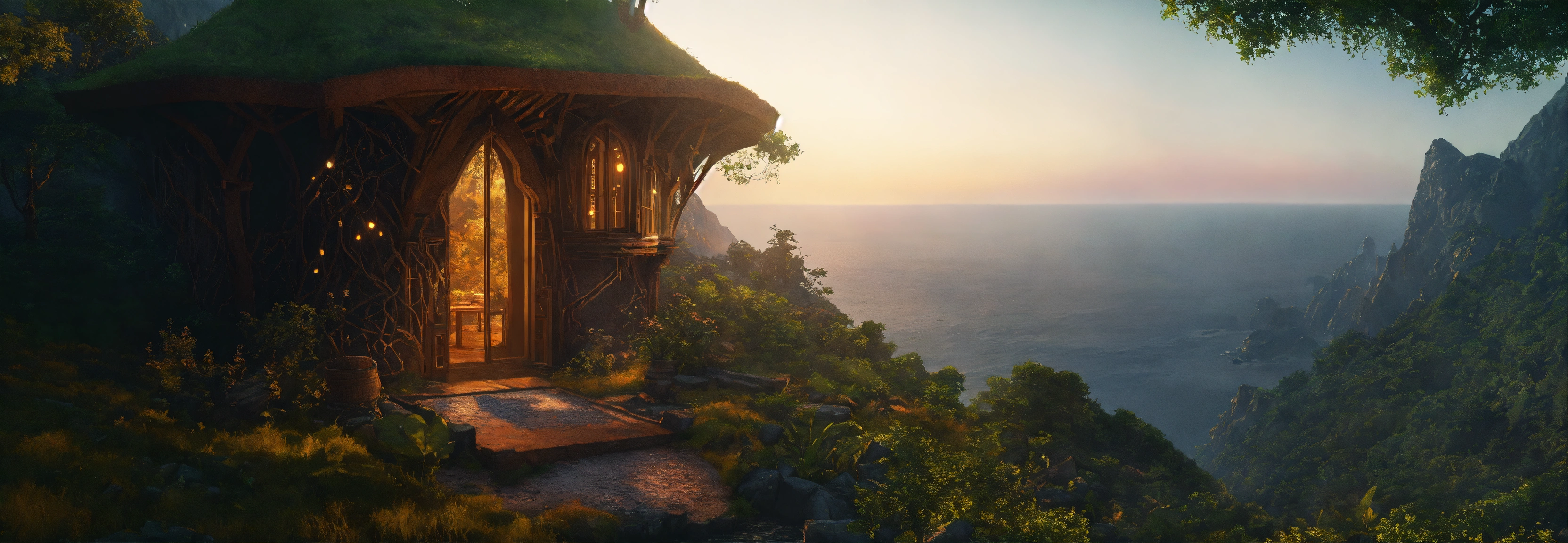 Lexica - Raw photo, an elven style hut in a clifftop in an enchanted ...