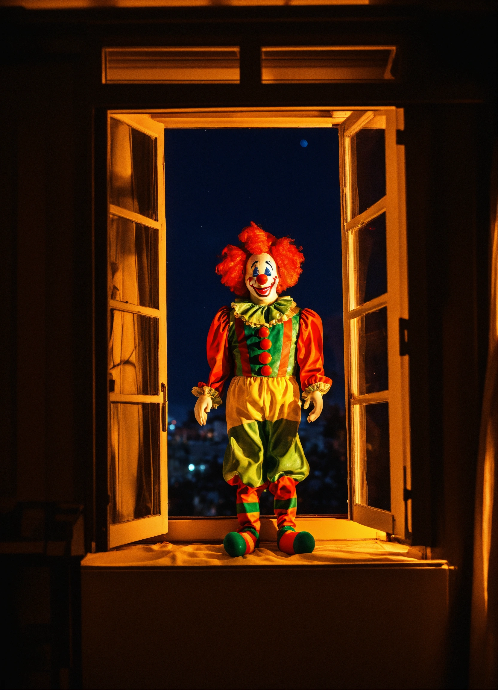 Lexica - A large porcelain toy clown looking into a bedroom window at ...