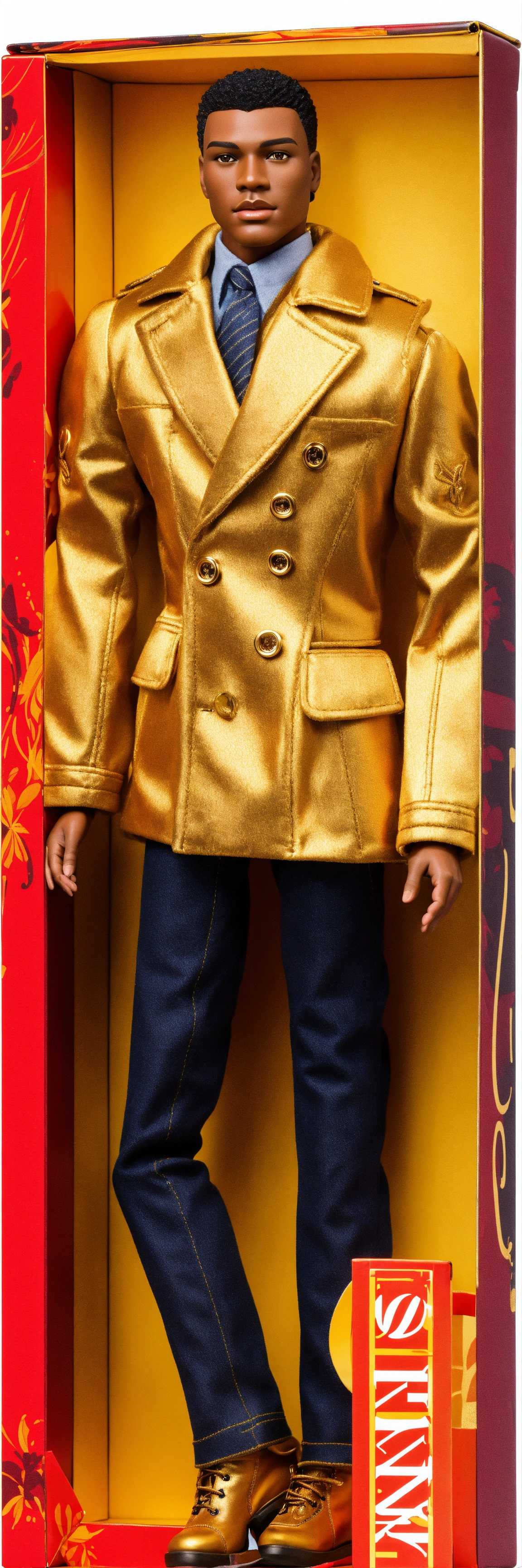 Lexica - Design the packaging for a Ken doll in a stylish, gold-colored ...