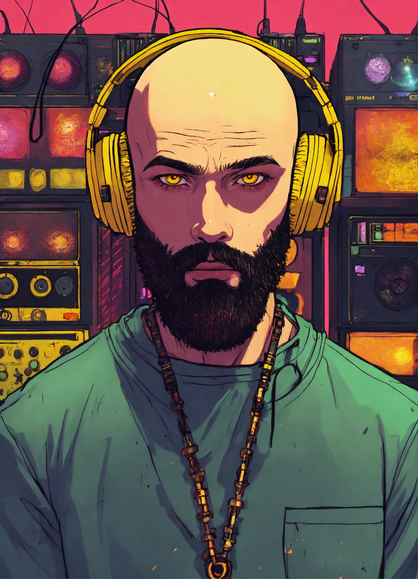Lexica - A young bald man with beard possessed by the devil. yellow ...