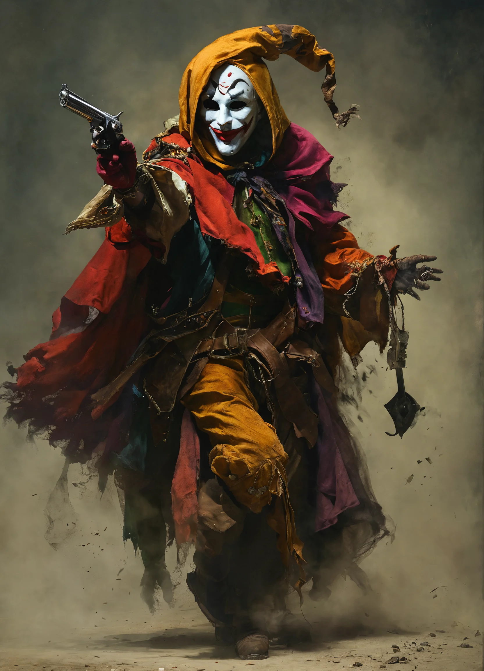 Lexica - Jester, bard in a mask, in a dust cloak with pistols