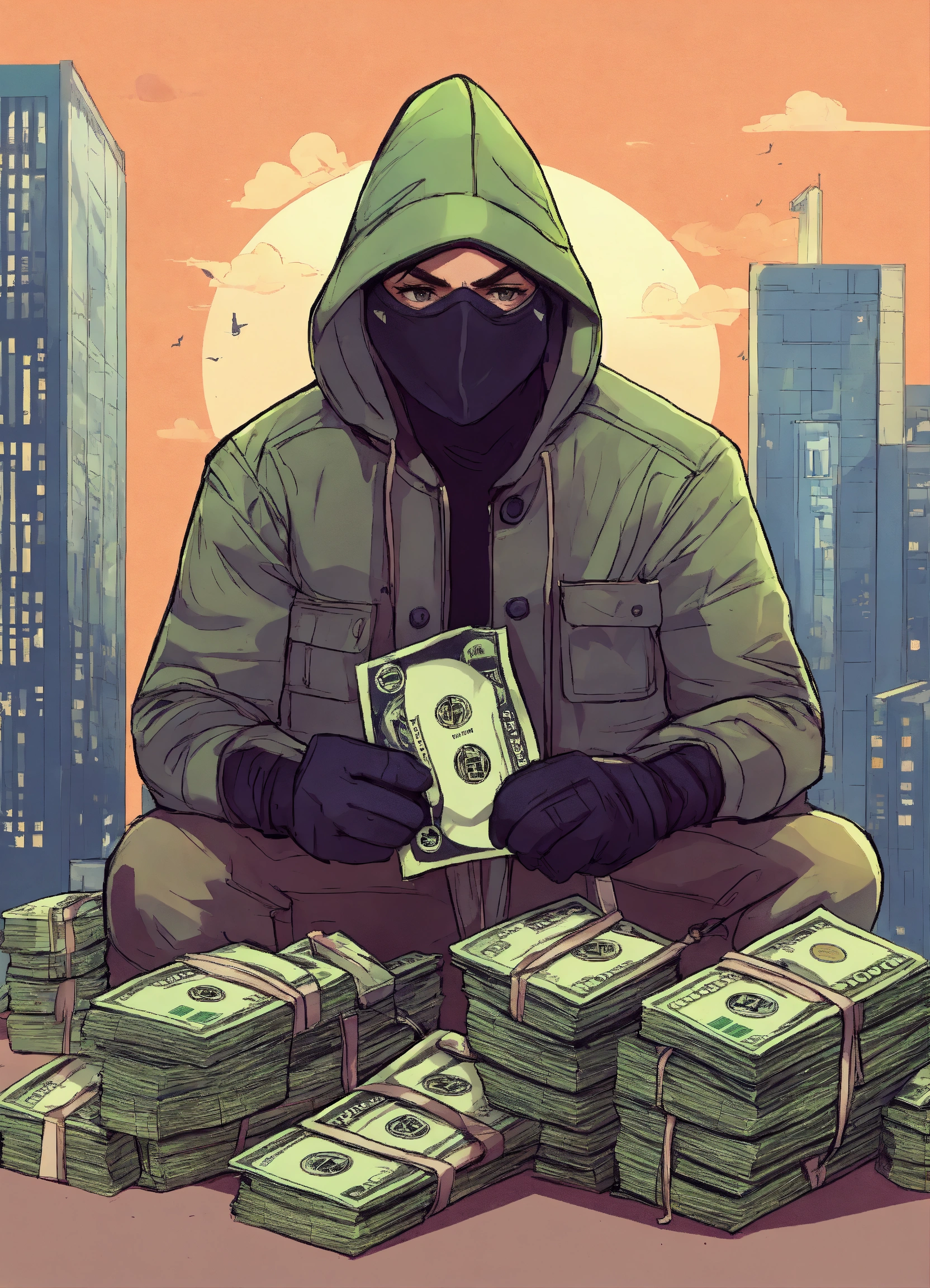 Lexica - Bank robber, drawing, art, 4k, cartoon style , big bundle of ...