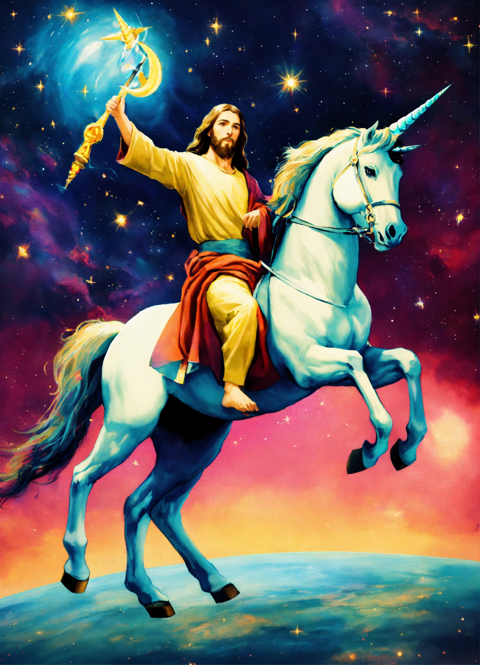 Lexica - Jesus Christ in outer space riding a large unicorn